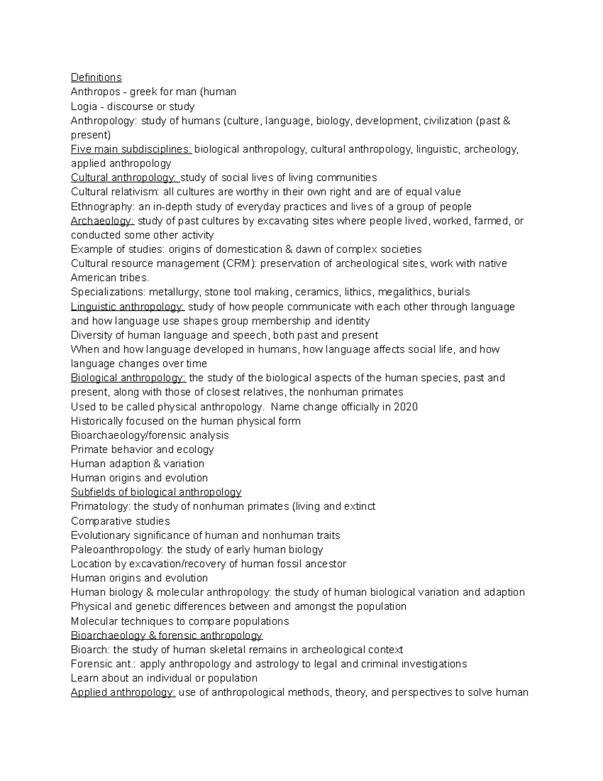 ANT 101 1 23 22 - These Anthropology notes go over a few definitions ...
