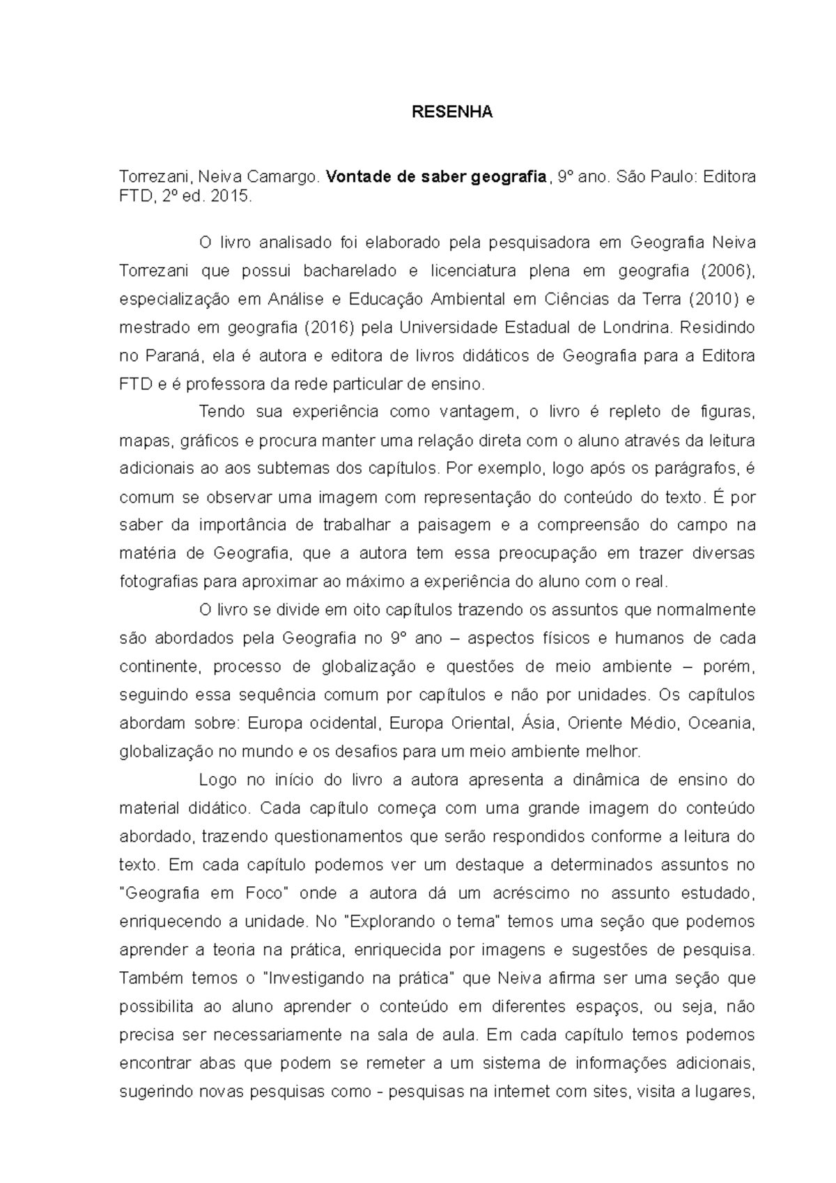 Avaliação do livro didático 2 - RESENHA Torrezani, Neiva Camargo ...