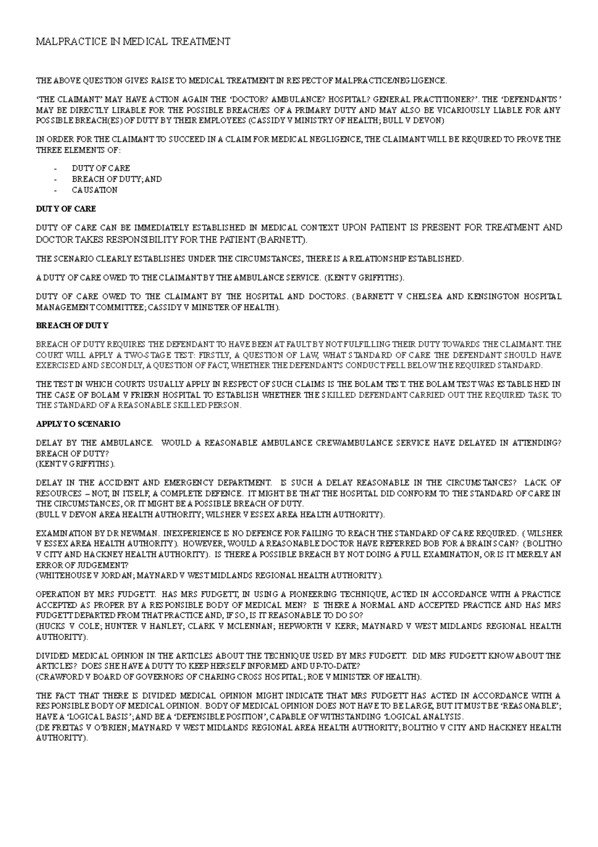 Exam January 2019, answers - MALPRACTICE IN MEDICAL TREATMENT THE ABOVE ...