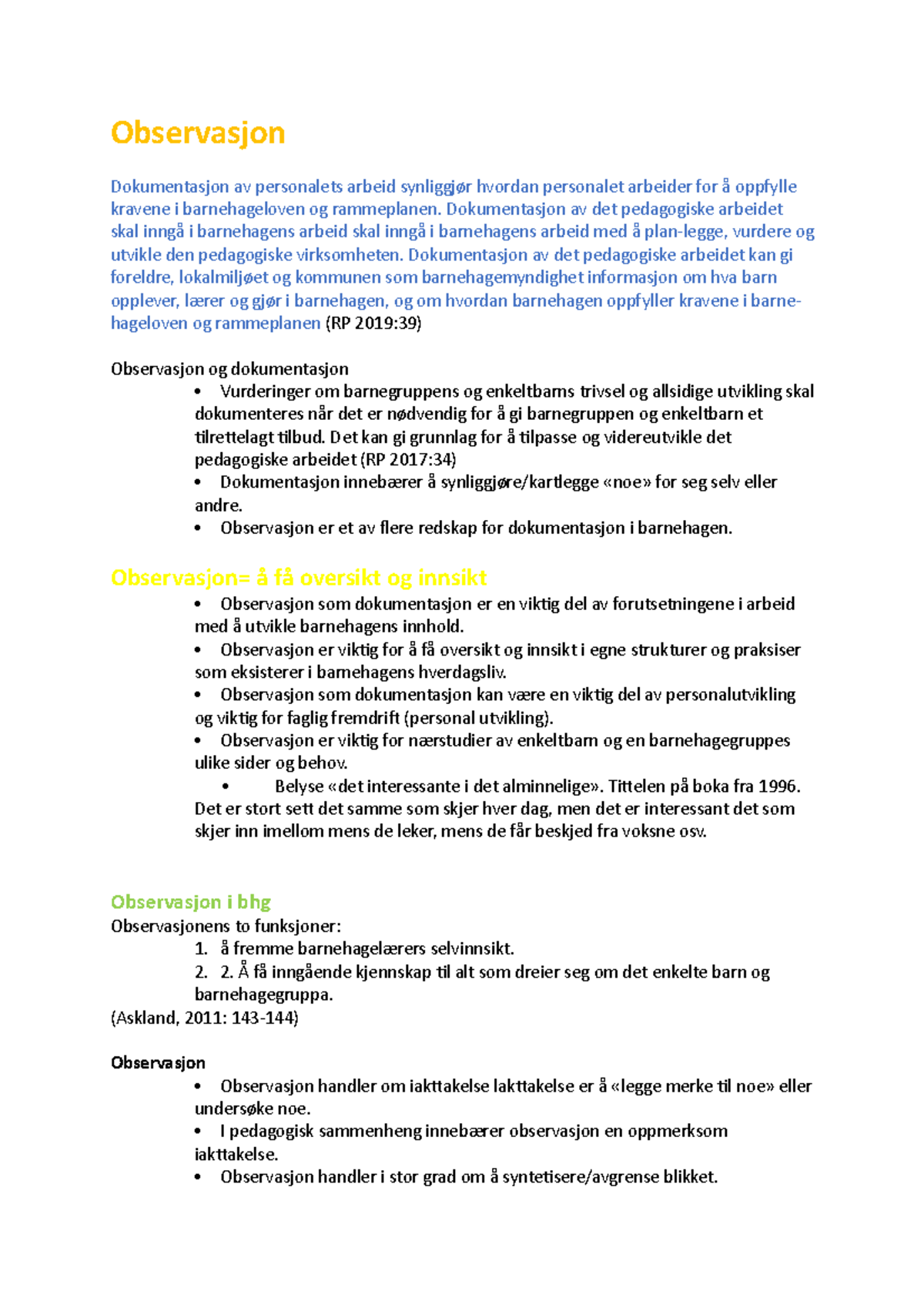 Observasjon i barnehage - Observasjon Dokumentasjon av personalets ...