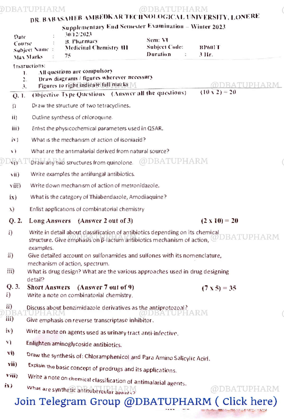 Dbatu 6 th SEM B Pharmacy Winter 2023 JAN 2024 EXAM Question Papers - DR. R.-\R.\S.\t-lEB - Studocu