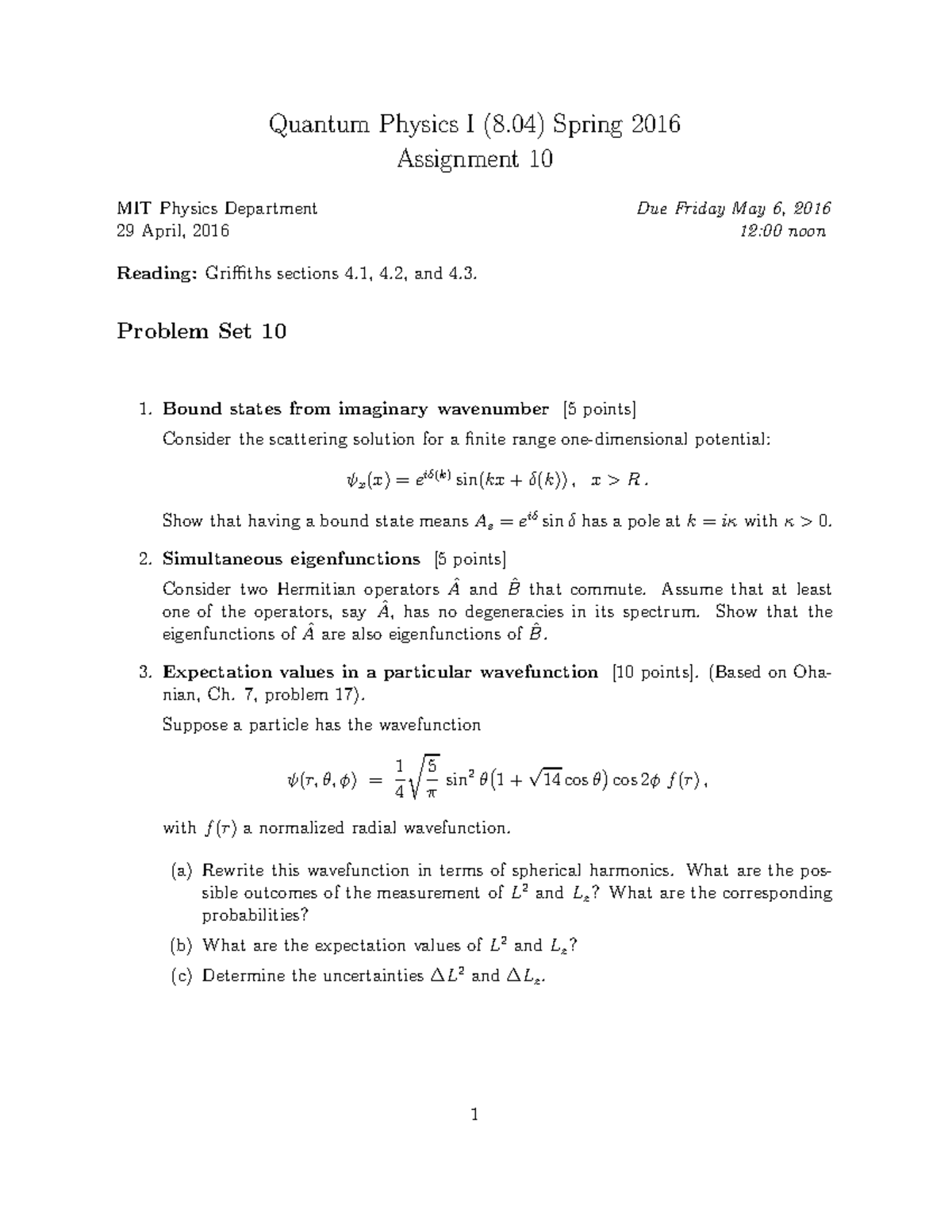 MIT8 04S16 ps10 2016 - Quantum Physics I (8) Spring 2016 Assignment 10 ...