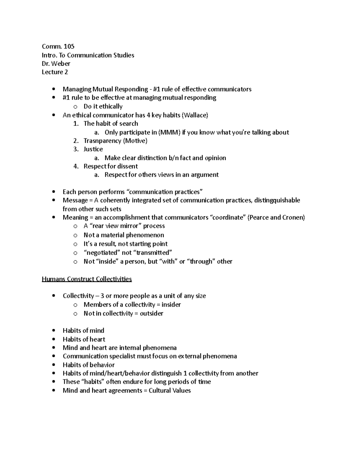 Intro to Communication - Lecture 2 notes - Comm. 105 Intro. To ...