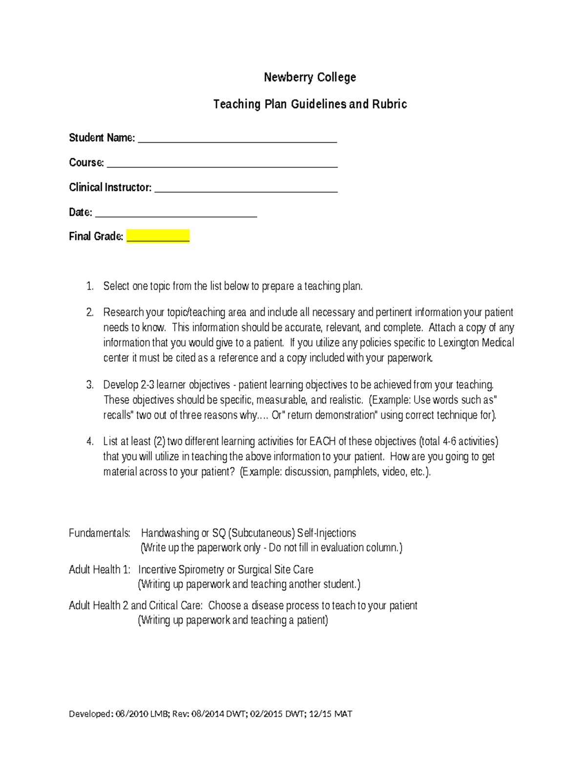 Patient Teaching Project - 2015 - Newberry College Teaching Plan ...