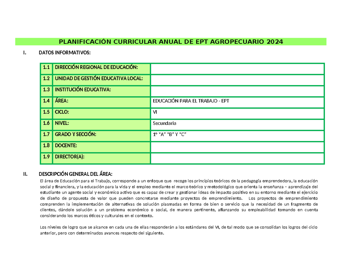 PLAN Anual EPT Agropecuario 1° SEC 2024 - PLANIFICACIÓN CURRICULAR ANUAL DE EPT AGROPECUARIO ...