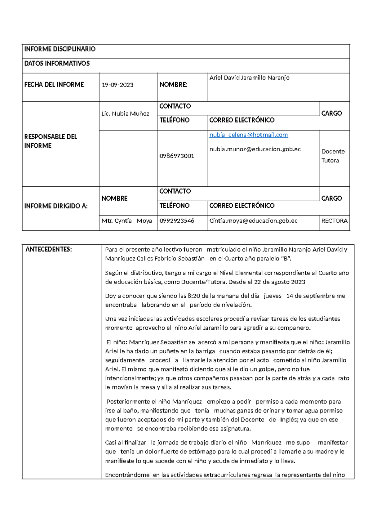Informe Disciplinario Manriquez -Jaramillo - INFORME DISCIPLINARIO ...