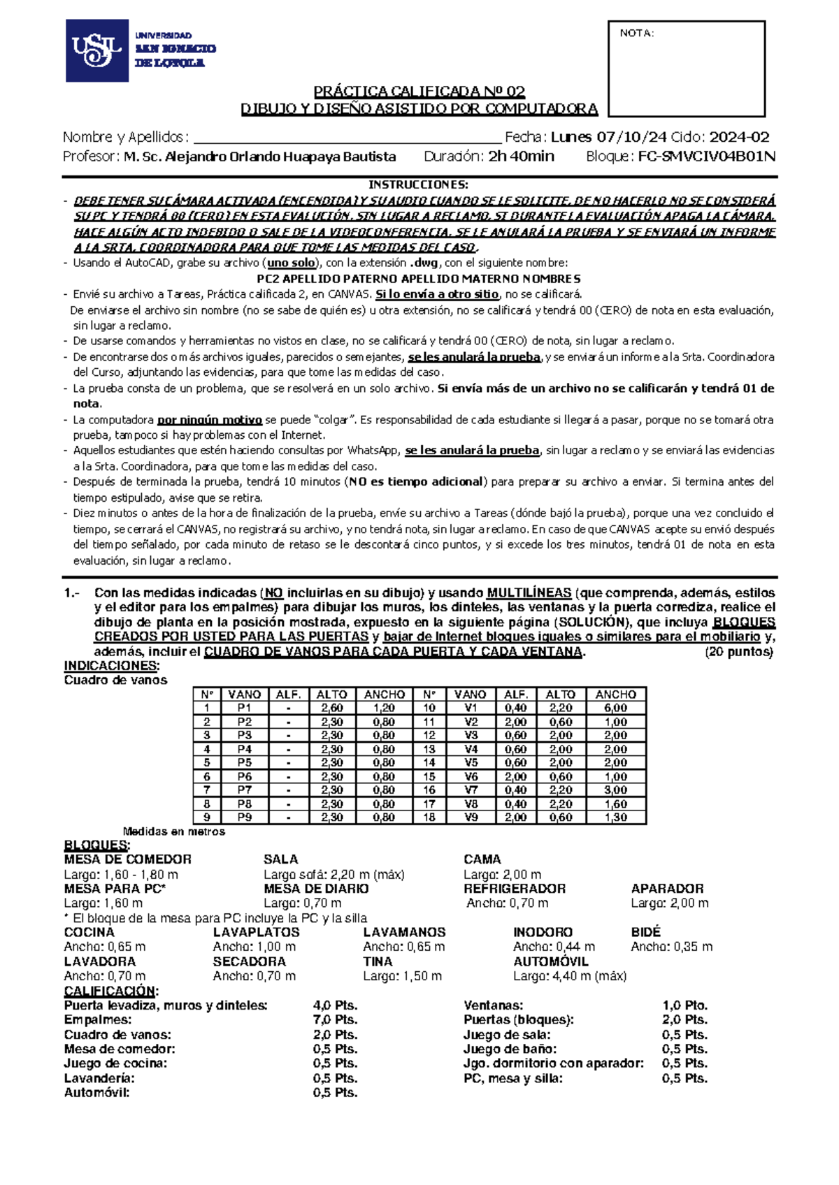 PC2 Dibujo y Diseño Asistido por Computadora- Huapaya 07-10-2024 - PRÁCTICA CALIFICADA Nº 0 2 ...