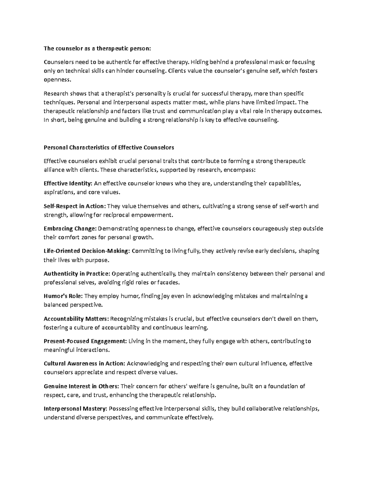 Clinical Psych - hope it helps - The counselor as a therapeutic person ...