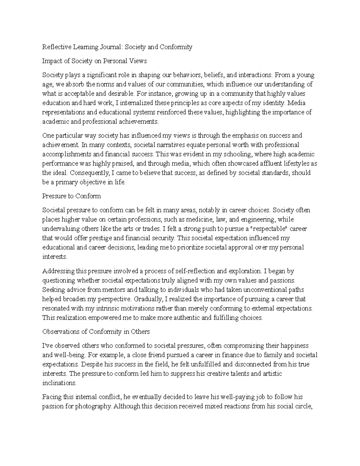 WA 6 Psyc - Reflective Learning Journal: Society and Conformity Impact ...