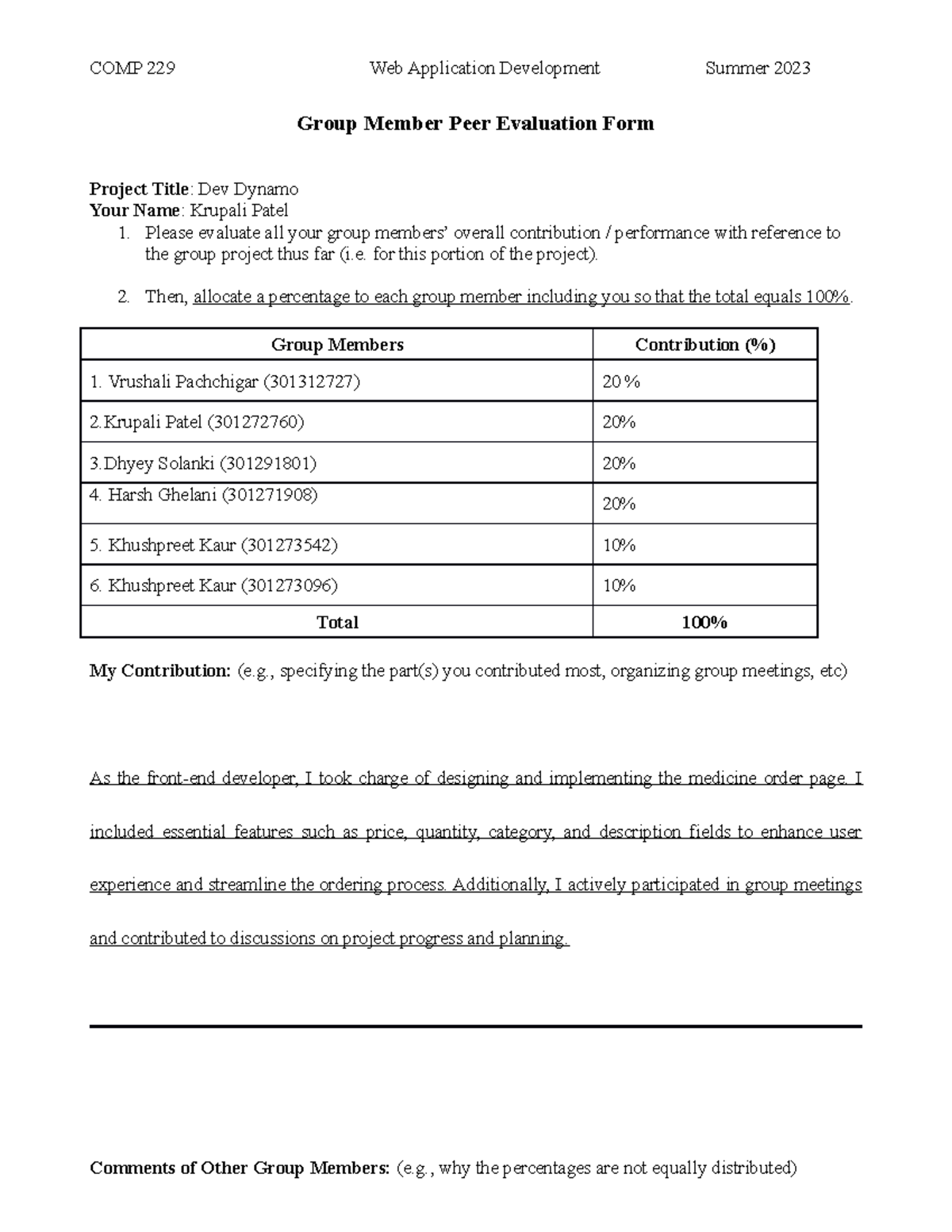 Peer evaluation form - M2023 - comp229 - Centennial College - Studocu