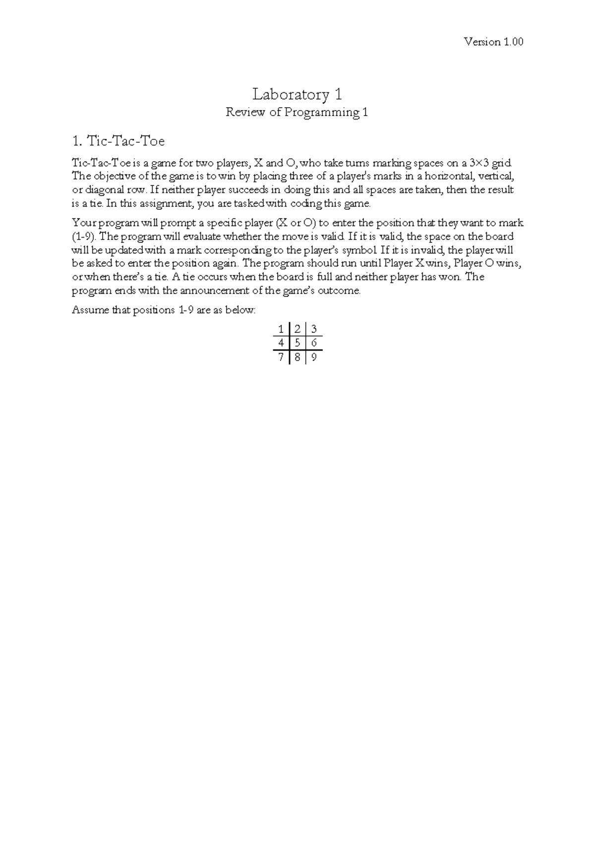 Lab 01 - Lab session 1 - Version 1. Laboratory 1 Review of Programming ...