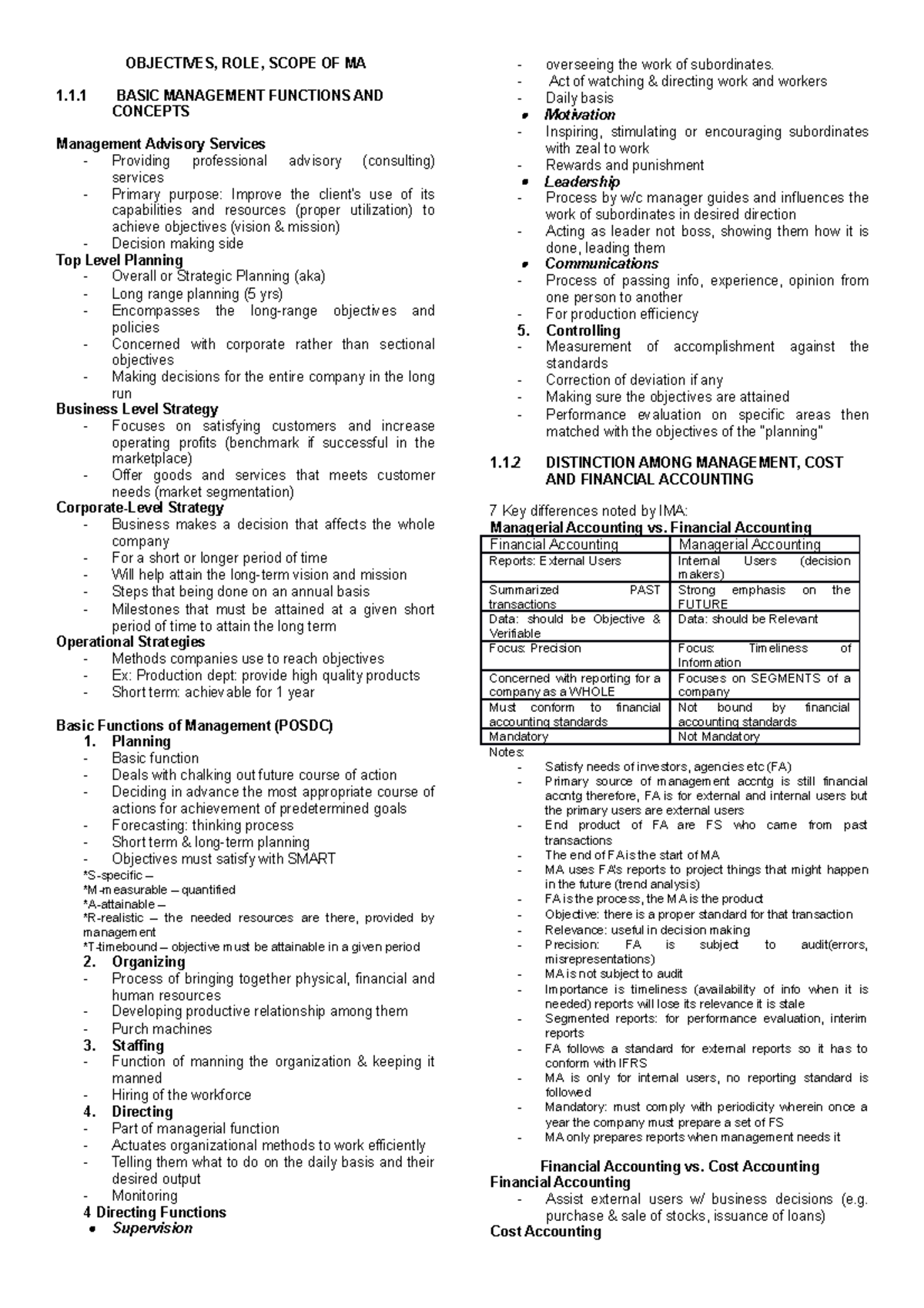 1.0 Management Accounting Basic Management Functions and Concepts ...