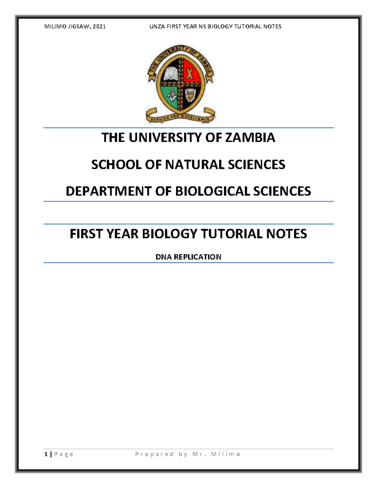 DNA Replication Tutorial Notes ( Jigsaw) - THE UNIVERSITY OF ZAMBIA ...