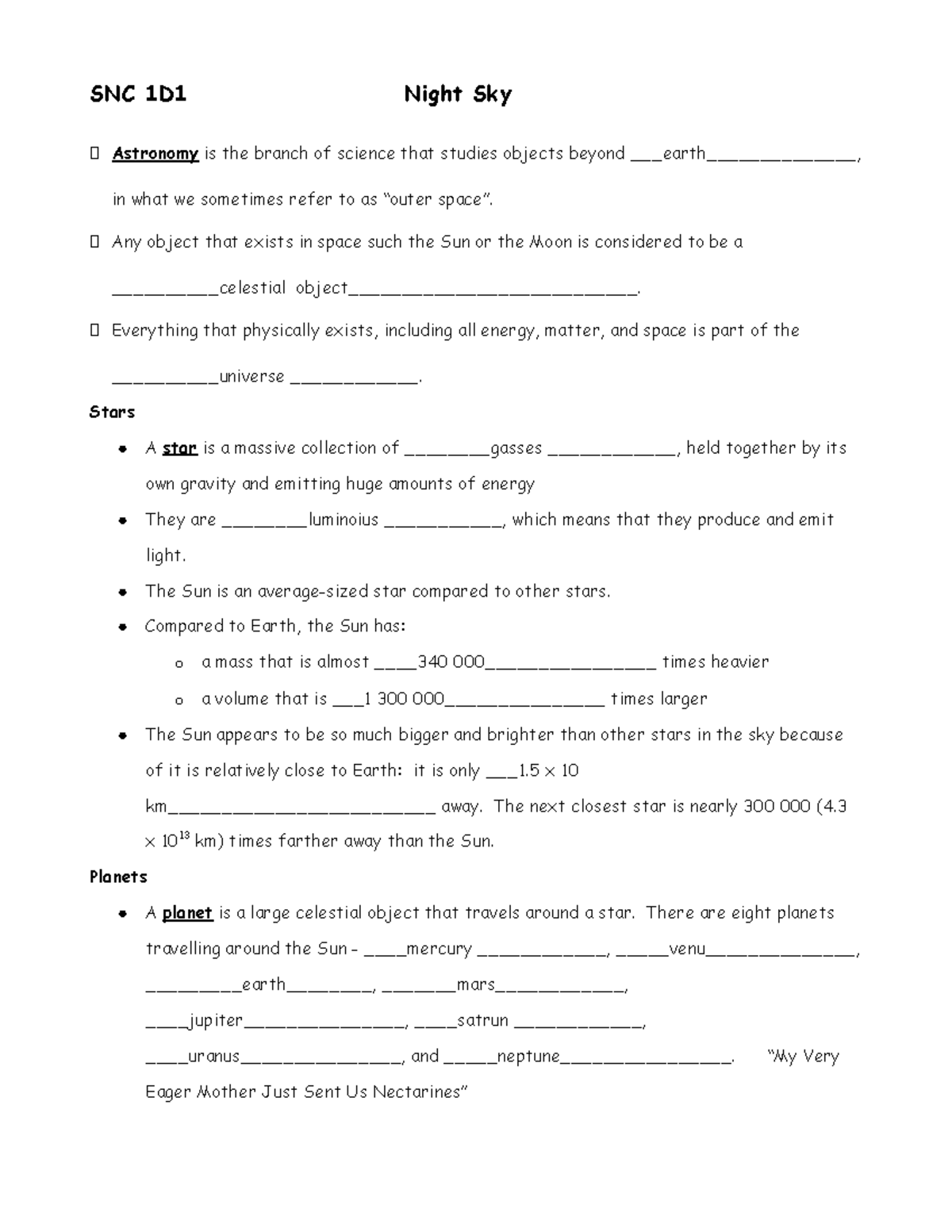 SNC 1DP Note 1 Night Sky - assignment - SNC 1D1 Night Sky Astronomy is ...