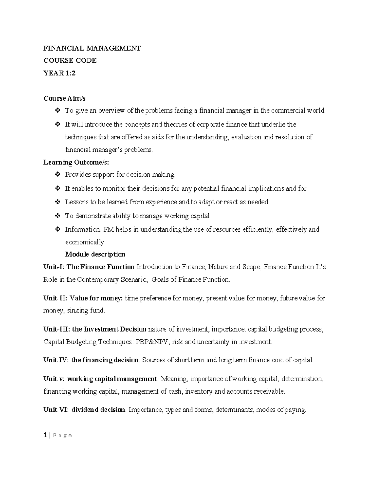 Lecture notes on financial management doc - FINANCIAL MANAGEMENT COURSE ...