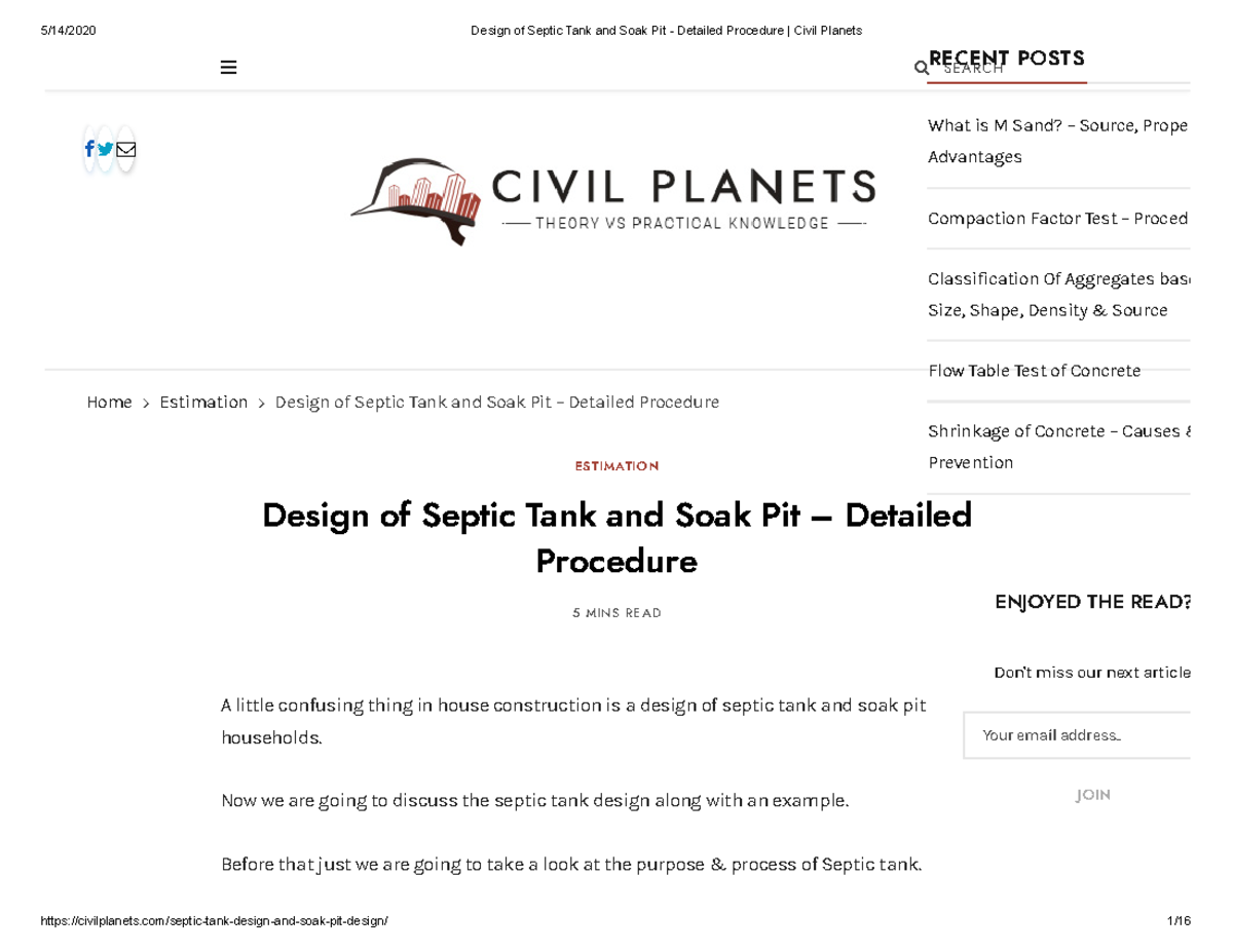 Design of Septic Tank and Soak Pit - Detailed Procedure Civil Planets ...