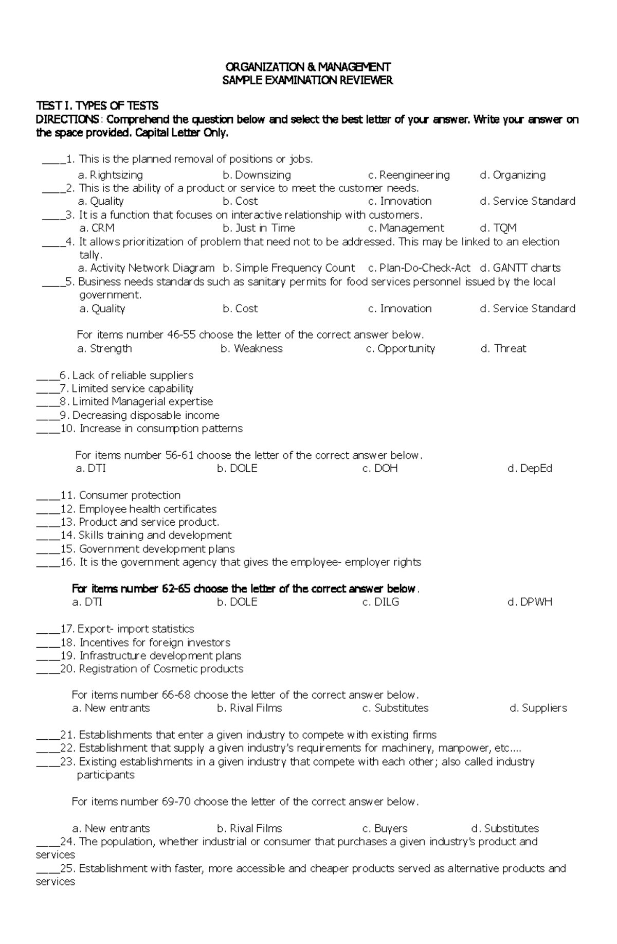 OM EXAM Sample Reviewer - ORGANIZATION & MANAGEMENT SAMPLE EXAMINATION ...