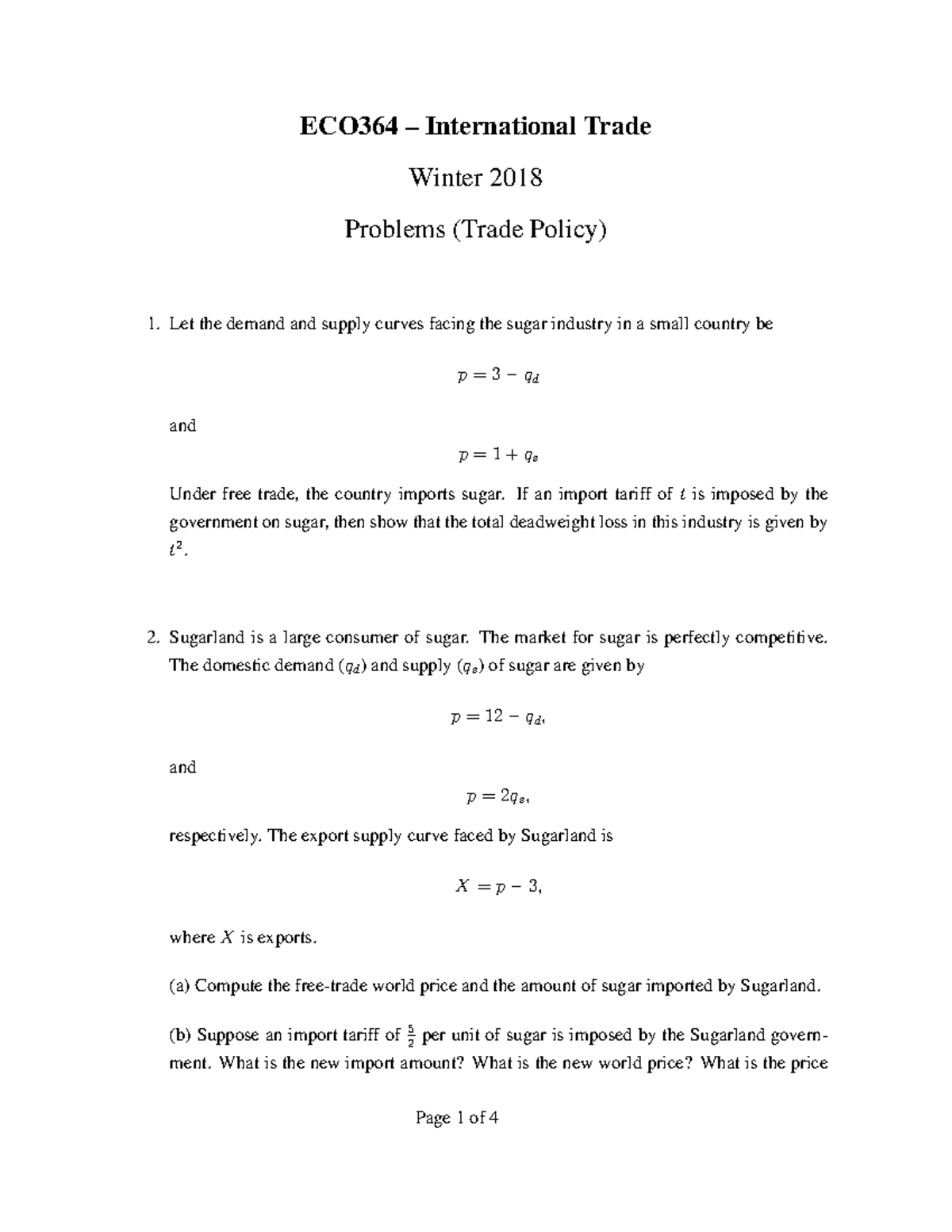 Topic 5 problems - ECO364 – International Trade Winter 2018 Problems ...
