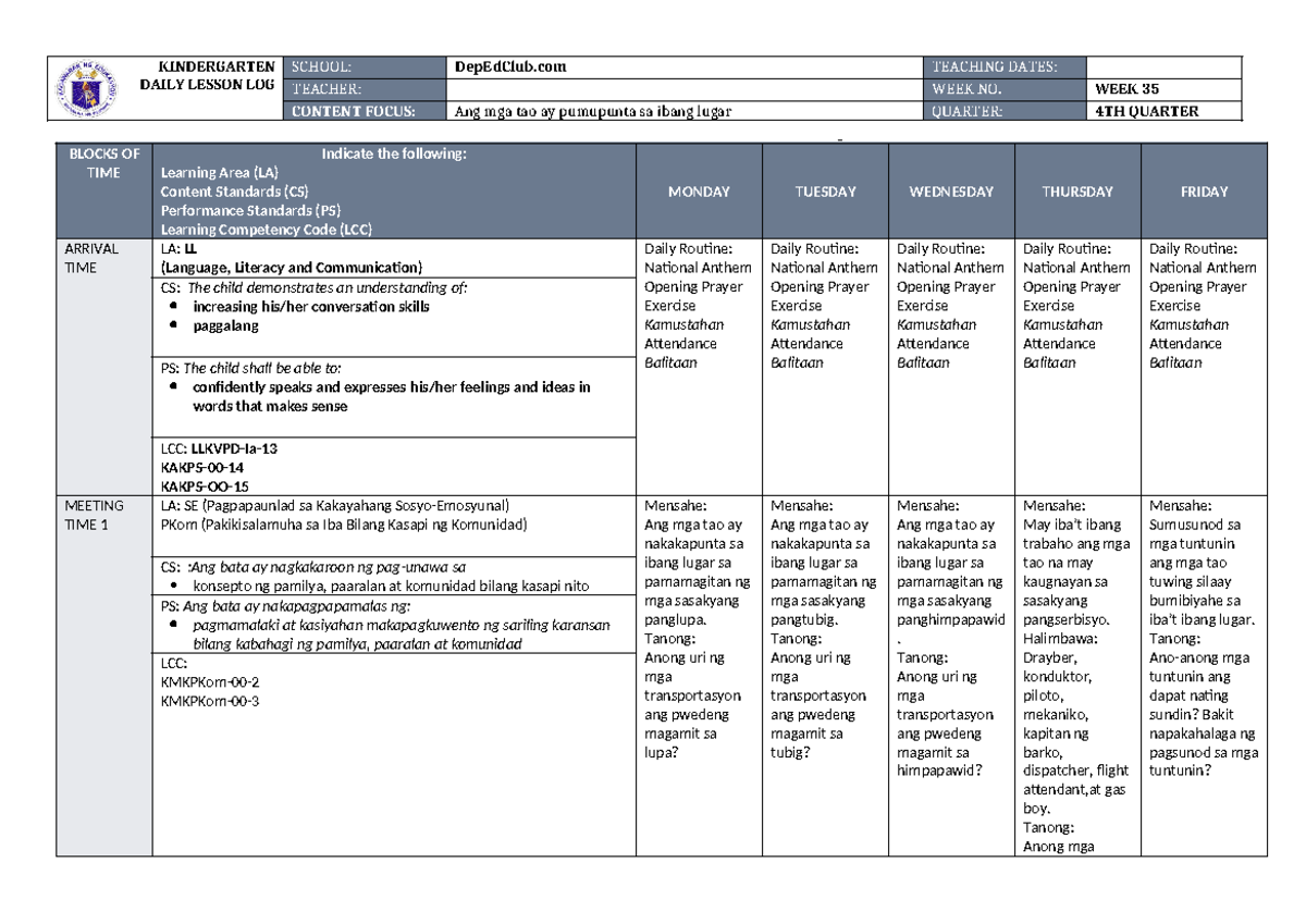 DLL Kinder Q4 W5 - Notes - KINDERGARTEN DAILY LESSON LOG SCHOOL ...
