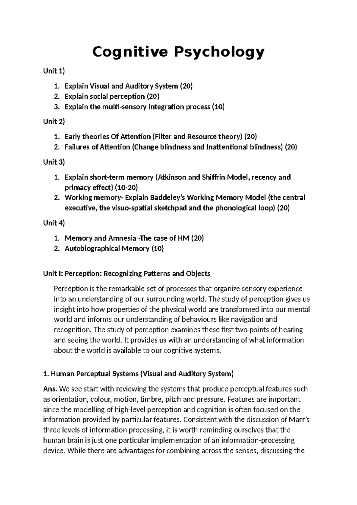 Cognitive Psychology Notes - Cognitive Psychology Unit 1) 1. Explain ...