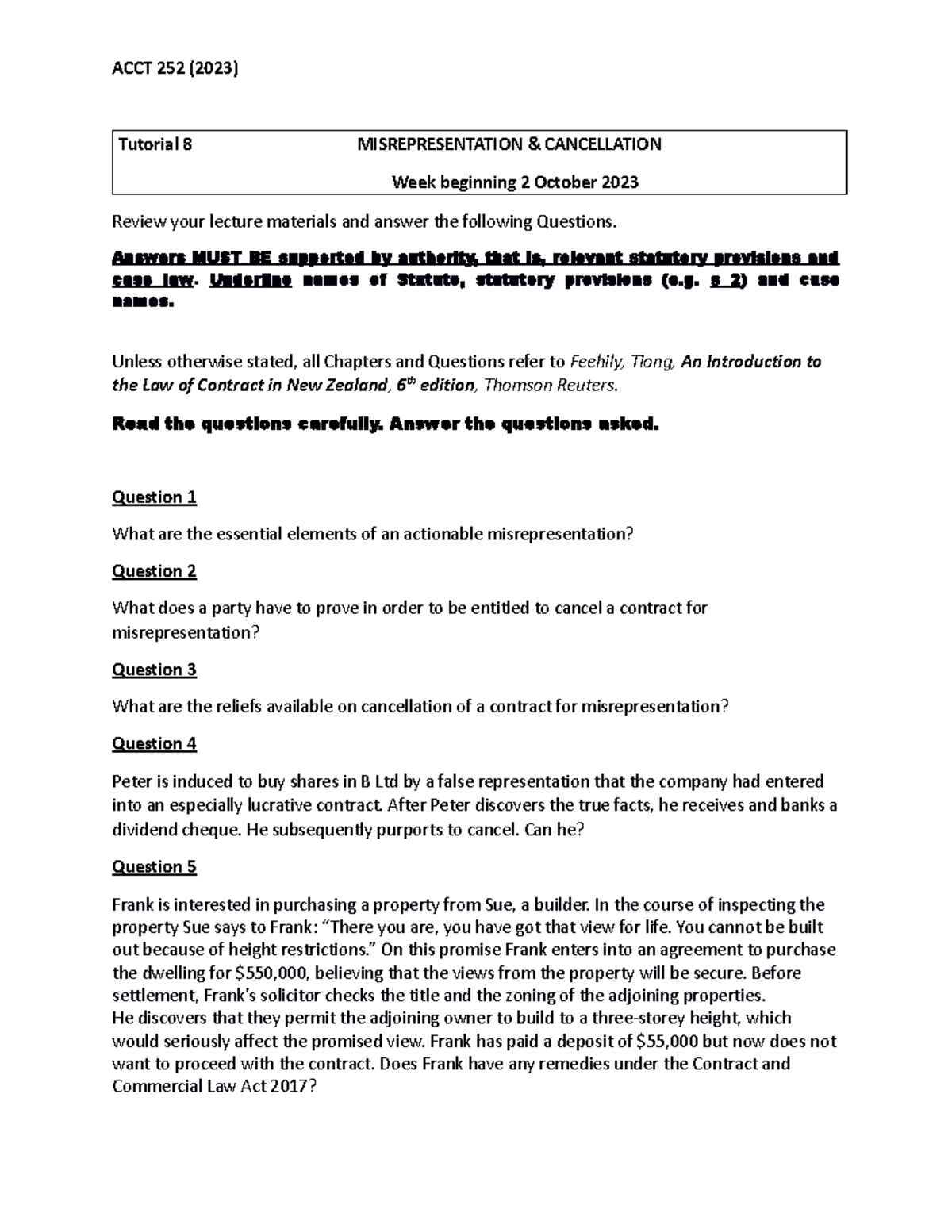01 Tutorial 8 Qs (2023) on Learn - ACCT 252 (2023) Tutorial 8 MISREPRESENTATION & CANCELLATION ...