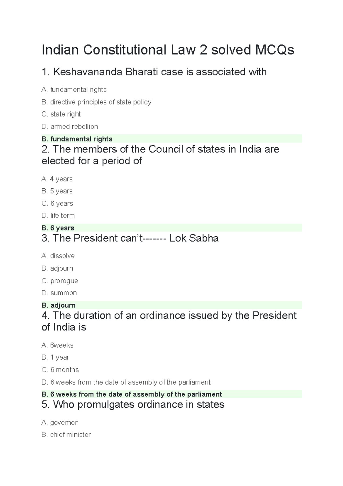 Constitutional law 2 mcq practise questions - Indian Constitutional Law ...