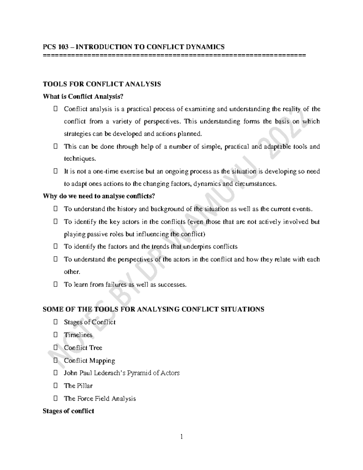 Conflict analysis and conflict analysis tools - PCS 103 – INTRODUCTION TO CONFLICT DYNAMICS ...