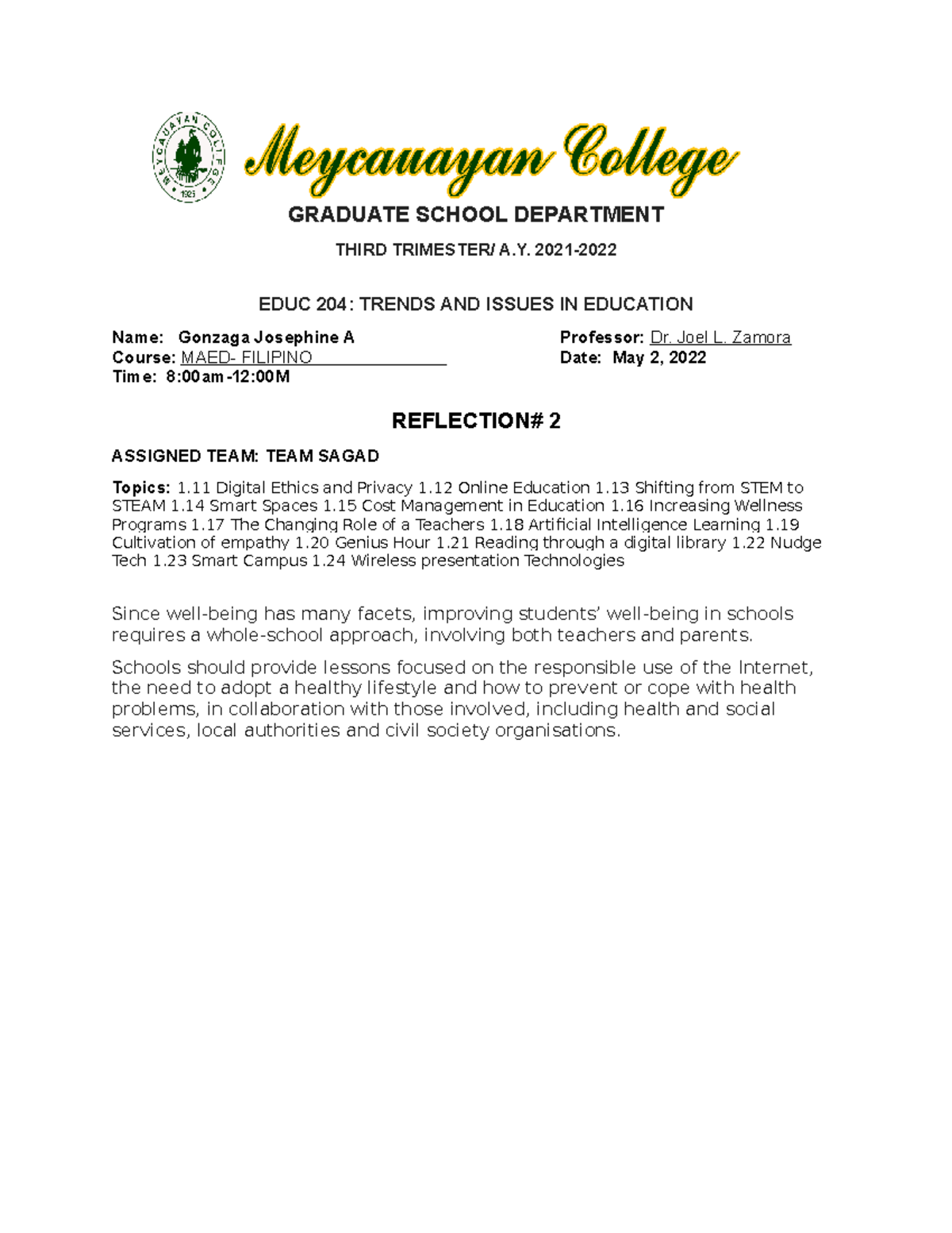 EDUC204 R2 Gonzaga Josephine A - GRADUATE SCHOOL DEPARTMENT THIRD ...