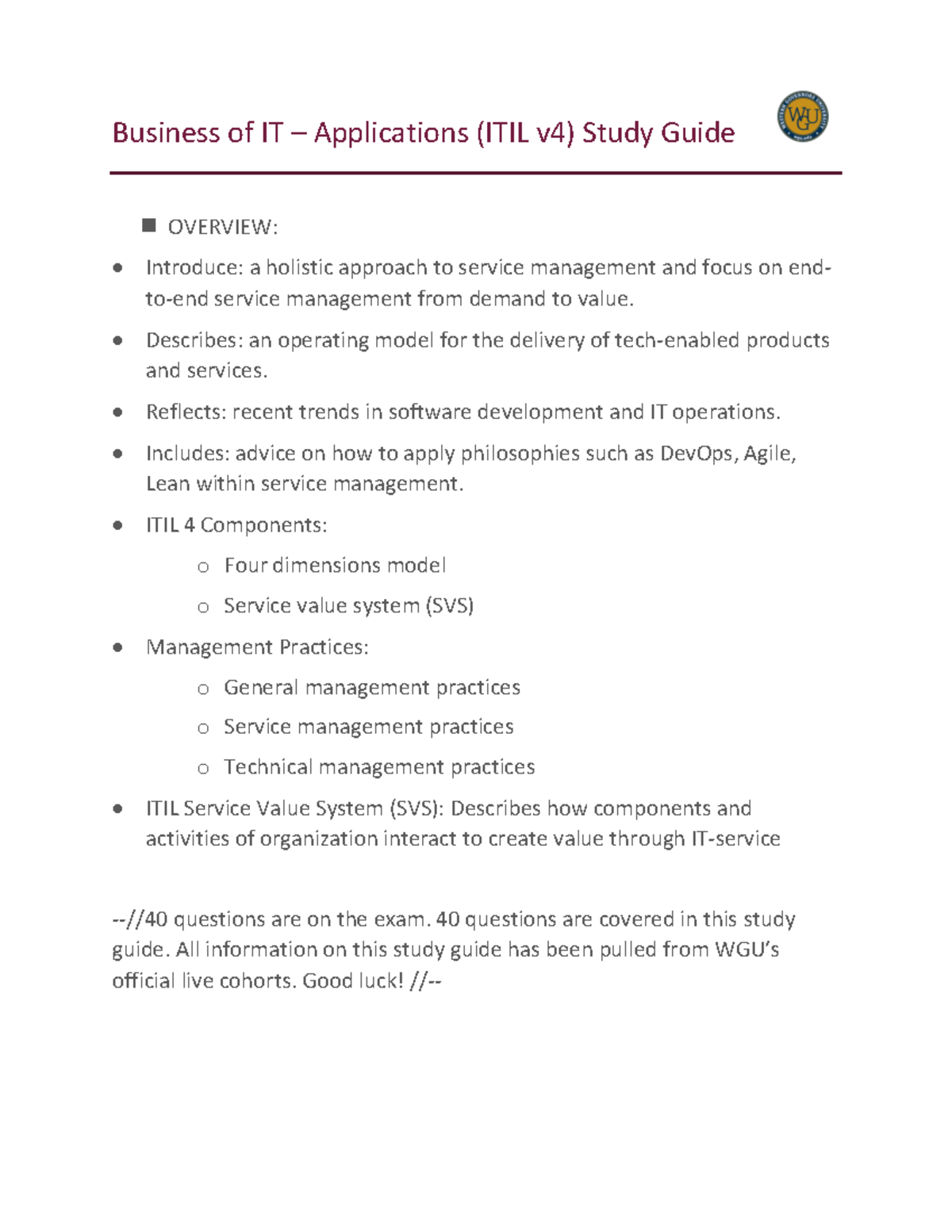 ITIL Study Guide - WGU - Business of IT – Applications (ITIL v4) Study ...