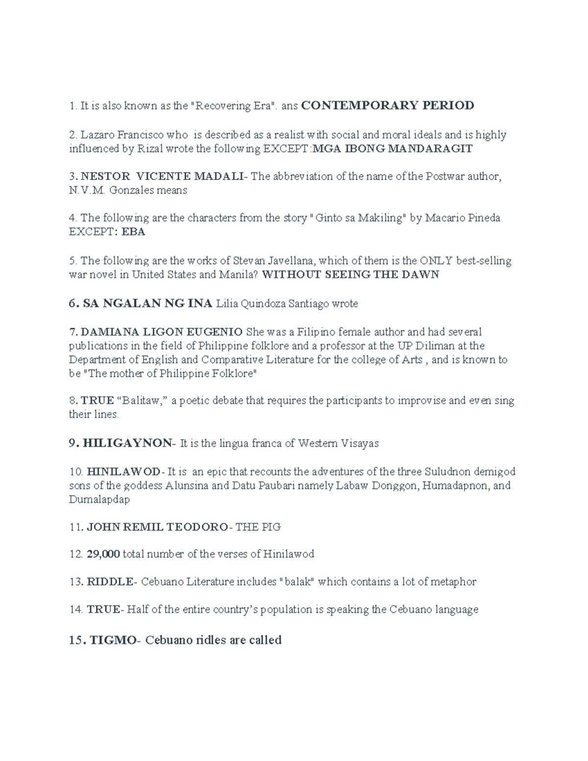 QUIZ 2 Literature - 1. It is also known as the "Recovering Era". ans ...