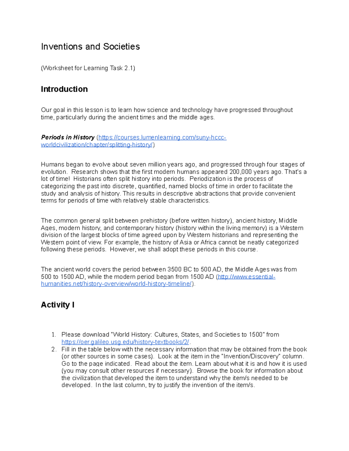 Learning Task 2.1 Inventions and Societies - Inventions and Societies ...