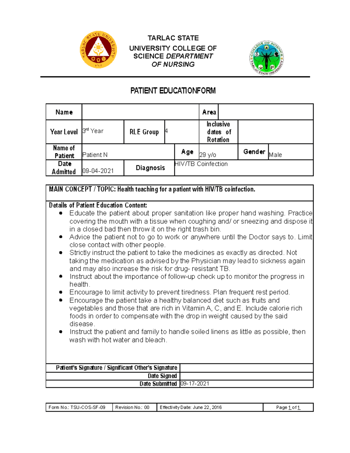Patient Education Form- Nursing - TARLAC STATE UNIVERSITY COLLEGE OF ...