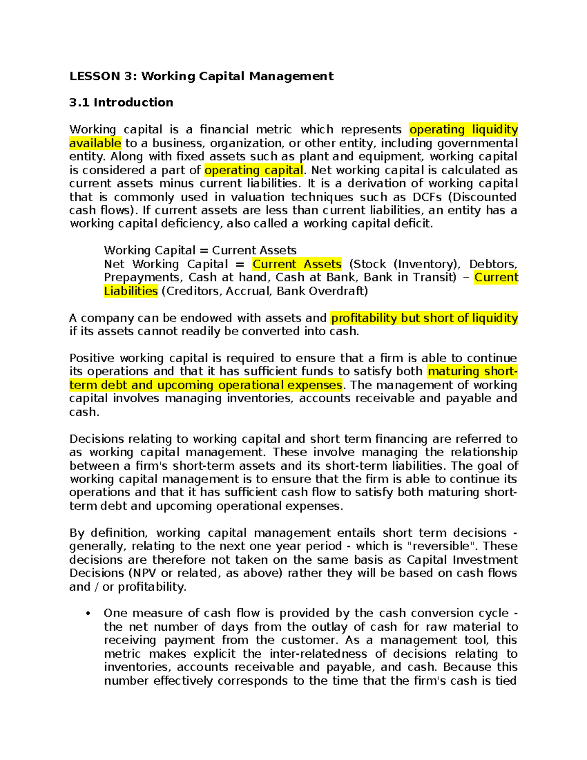 Lesson 3 Working Capital Management – Part 1 - LESSON 3: Working ...
