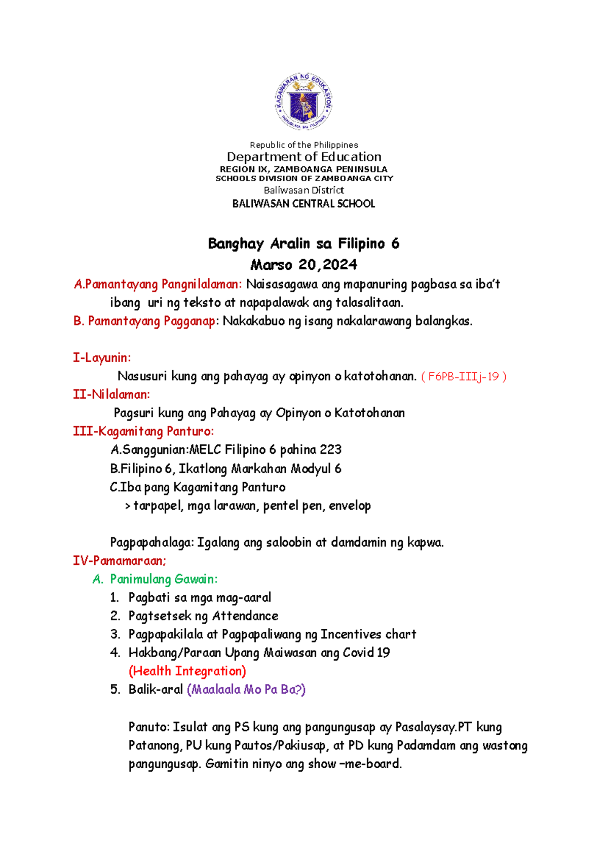 FILIPINO 6 CLASSROOM OBSERVATION LESSON PLAN - Republic of the ...