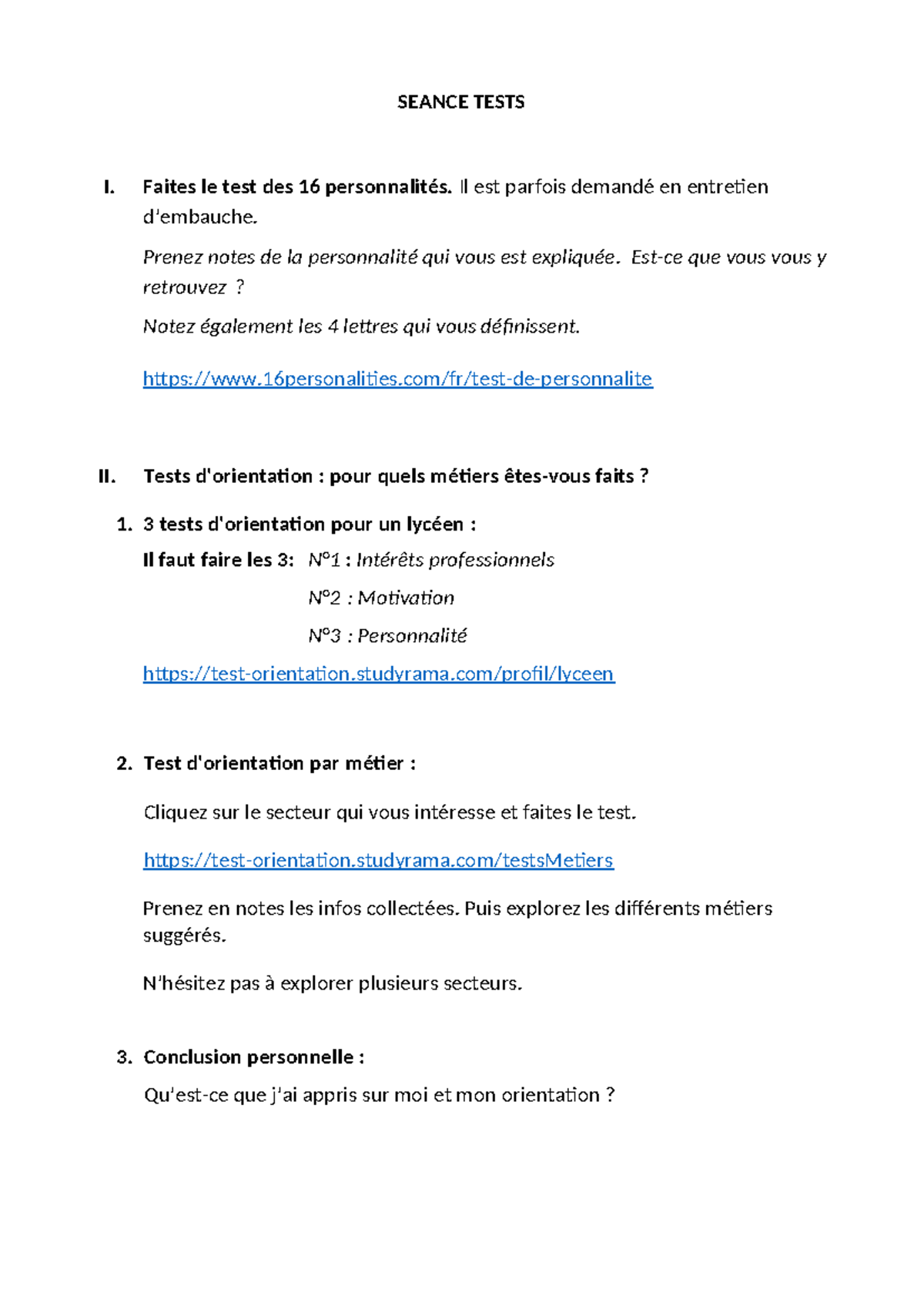 Seance 1 Tests Personnalite Domaines prof suggeres studyrama - SEANCE ...