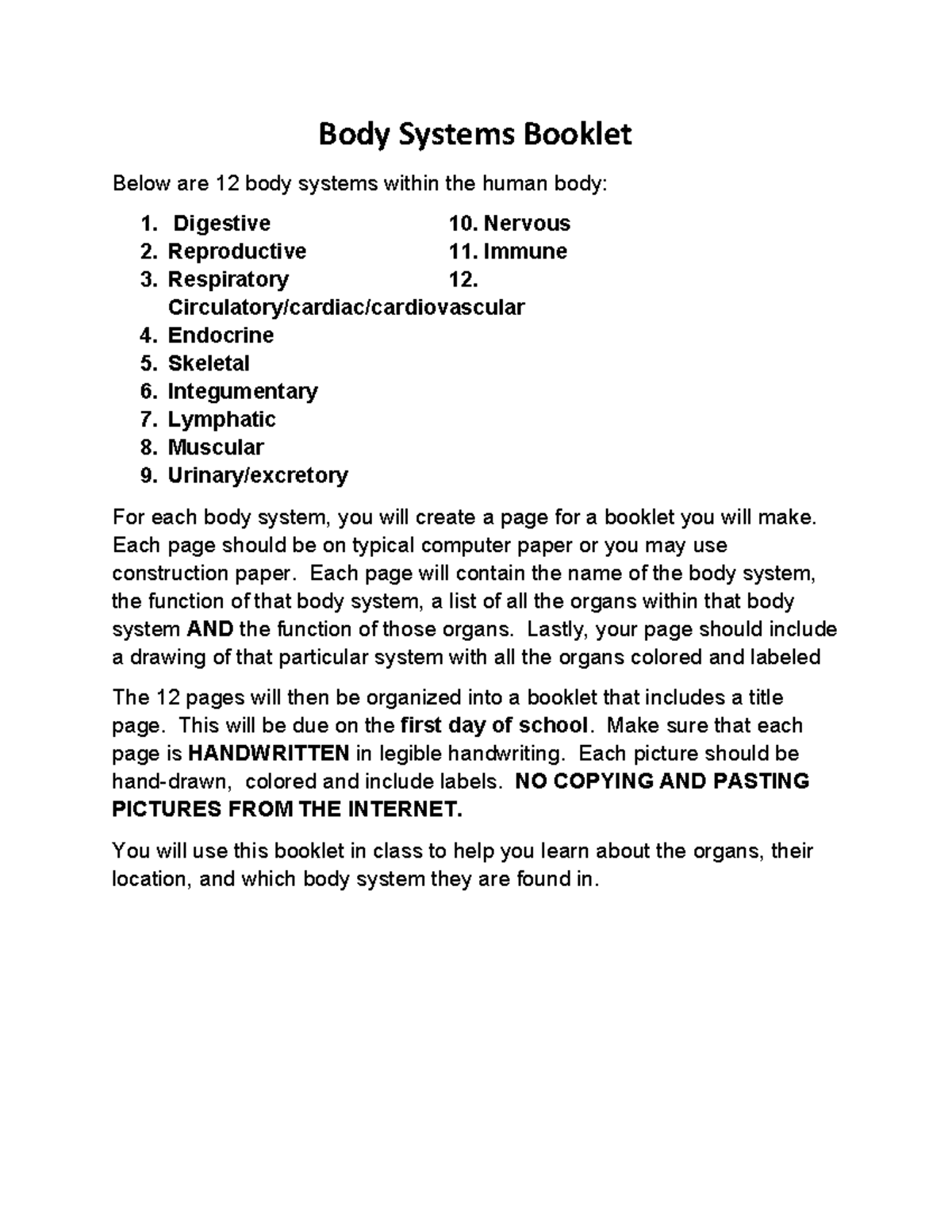 Anatomy-Body Systems project - Body Systems Booklet Below are 12 body ...