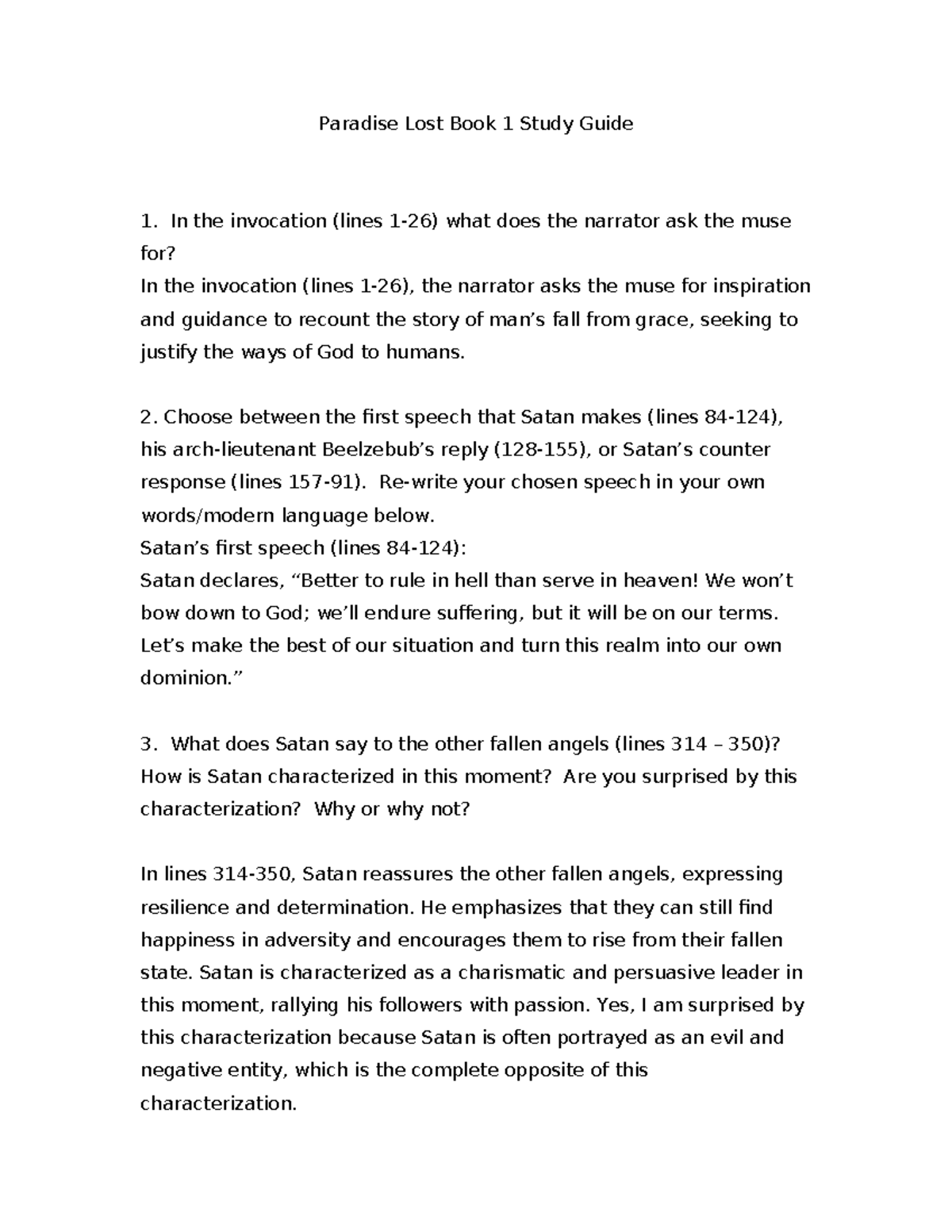 Brit Lit Q2 SG Paradise Lost Book 1 CP - Paradise Lost Book 1 Study ...