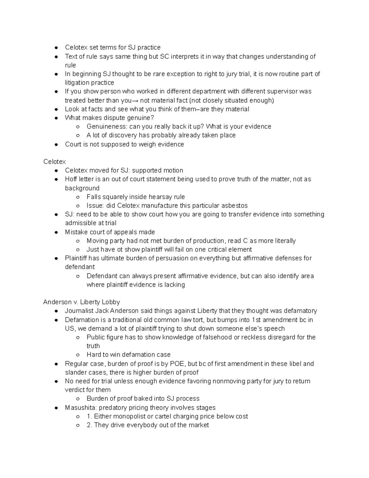 Civ pro 10 31 class notes - Celotex set terms for SJ practice Text of ...