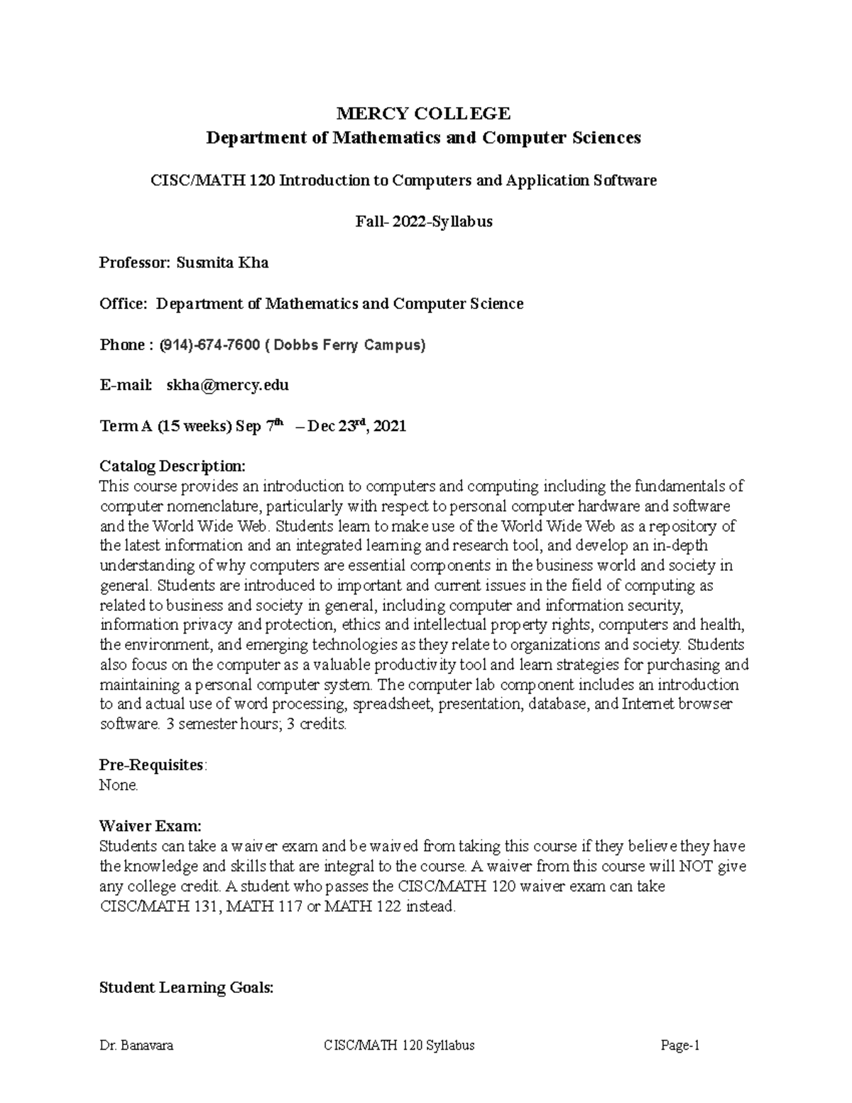 CISC-MATH-120-Syllabus-Fall 2022 - MERCY COLLEGE Department of ...