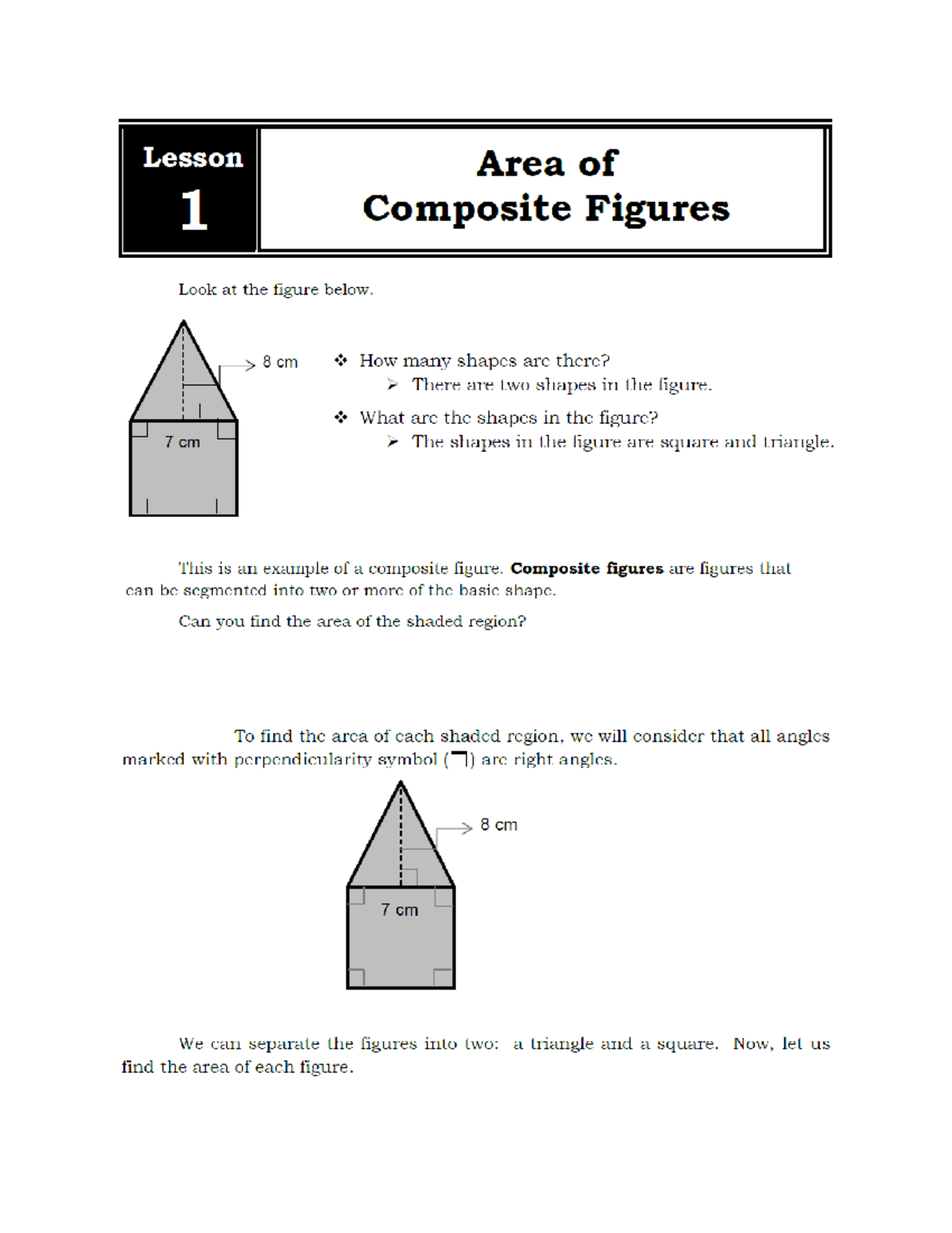 AREA OF Composite Figures - Education - ASSESSMENT: Directions: Find ...