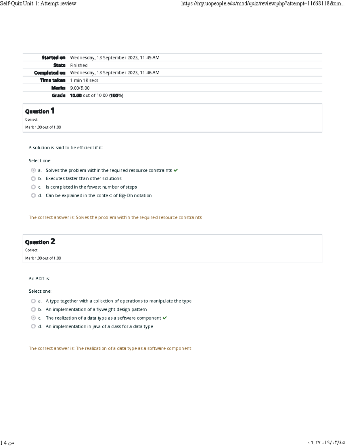 Self-Quiz Unit 1 Attempt review - Wednesday, 13 September 2023, 11:45 AM Finished Wednesday, 13 ...