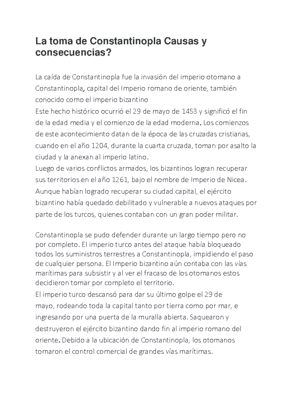 La toma de Constantinopla Causas y consecuencias - La toma de Constantinopla Causas y ...