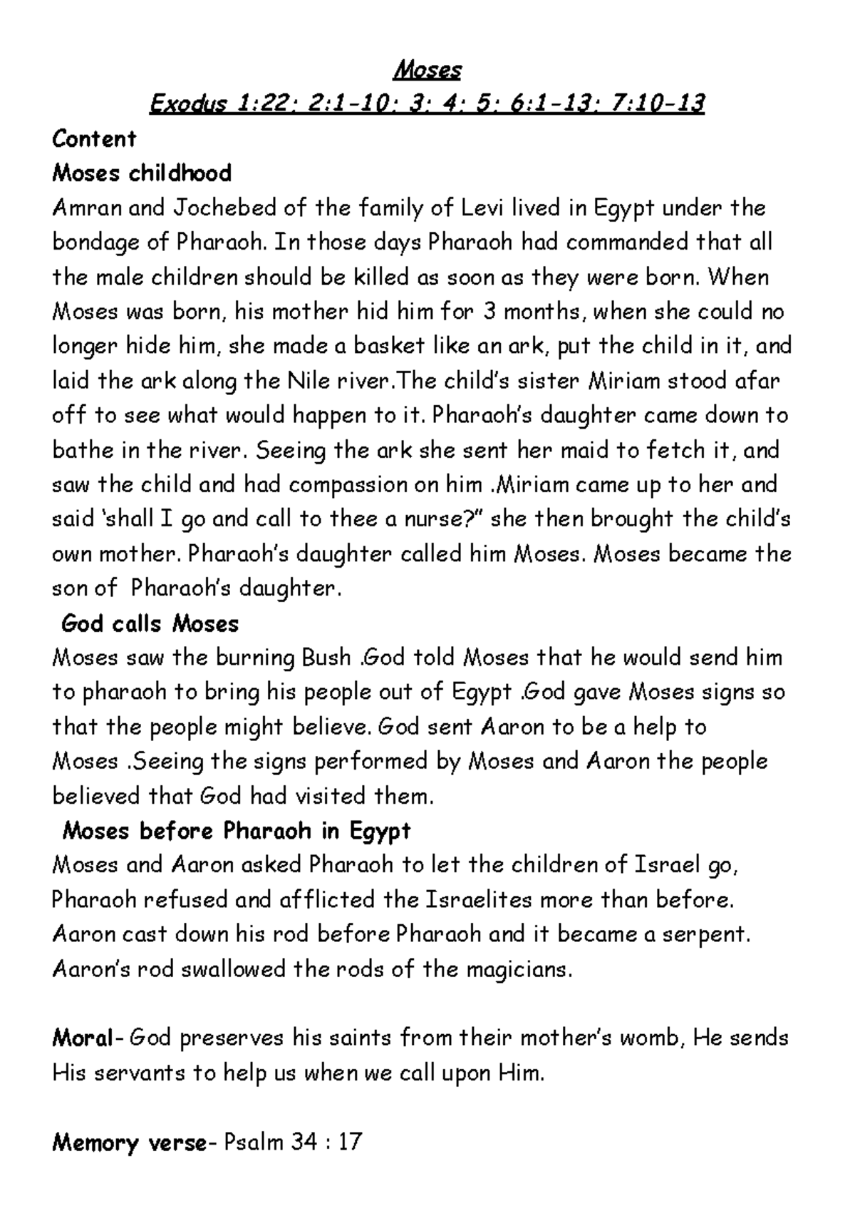 10) Moses - sunday class handbook - Moses Exodus 1:22; 2:1-10; 3; 4; 5 ...