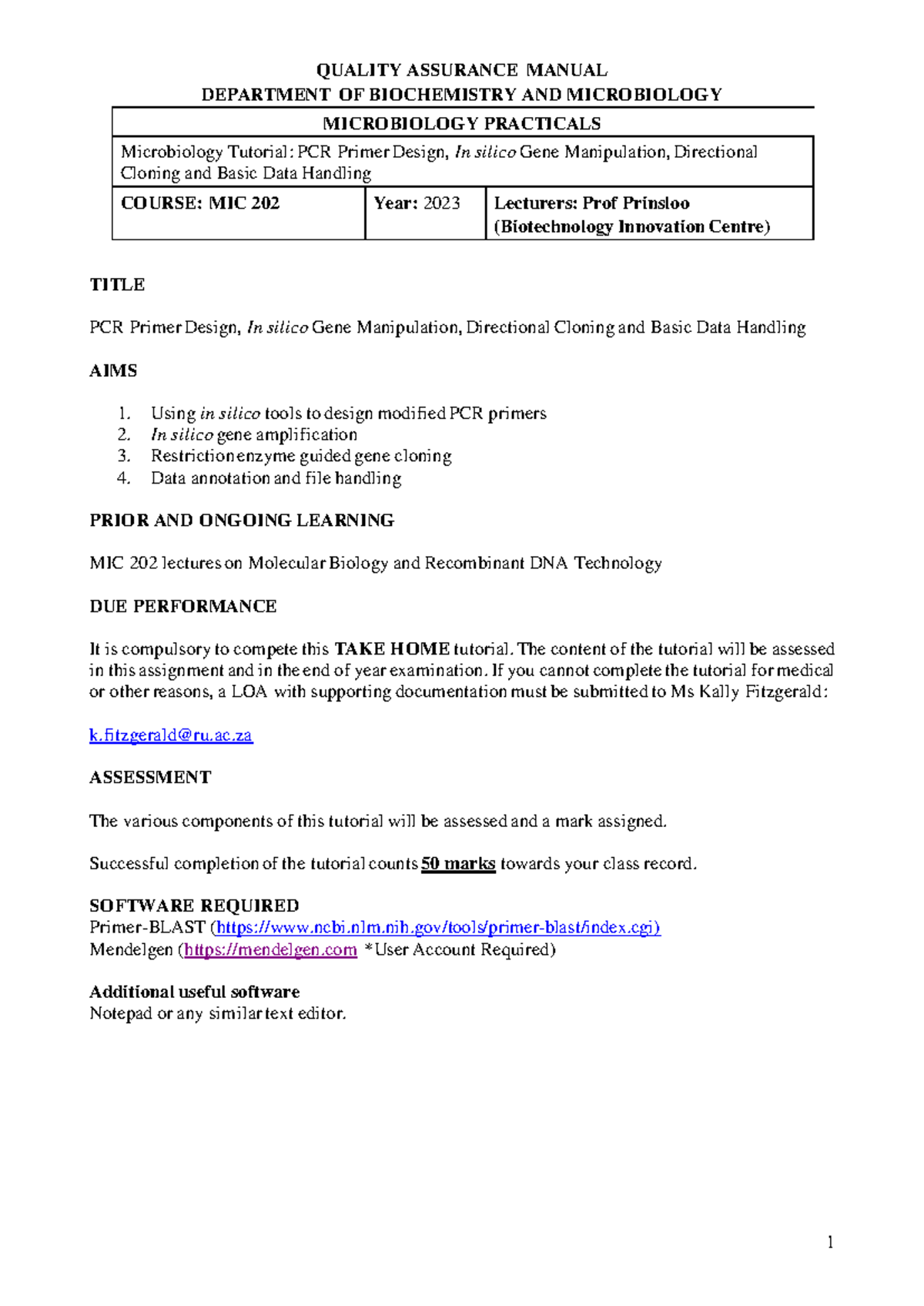 MIC202 RDT Tutorial 2023 - DEPARTMENT OF BIOCHEMISTRY AND MICROBIOLOGY MICROBIOLOGY PRACTICALS ...