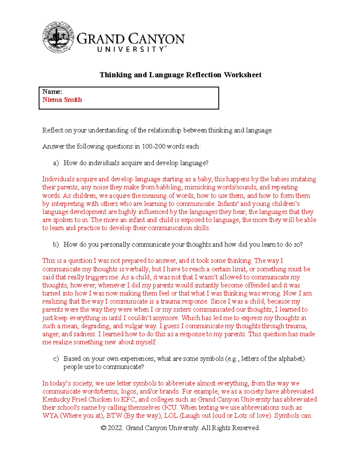 Niema Smith Thinkingand Language Reflection Worksheet - Thinking and ...