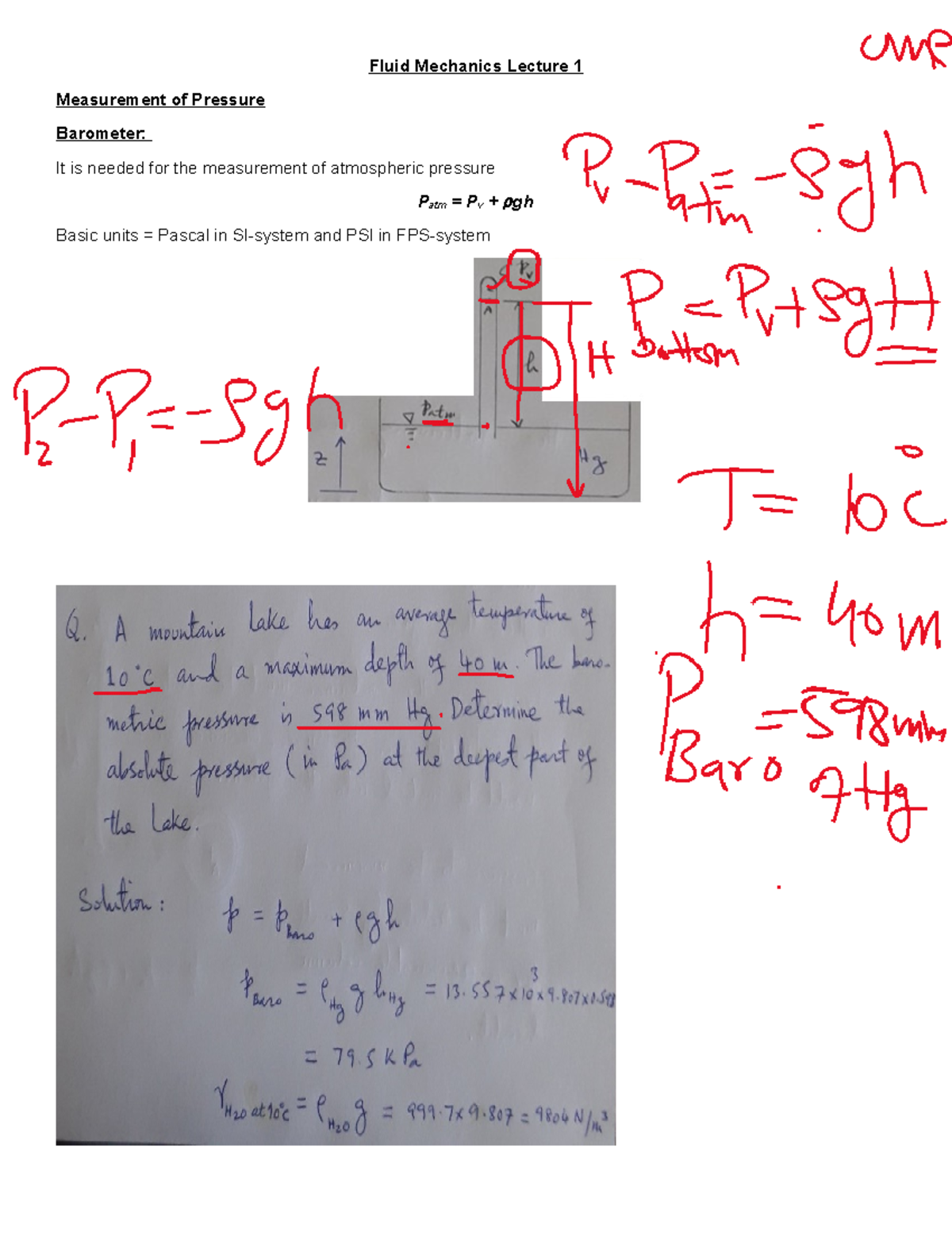 Chapter 2 - Lecture 3 - notes - Fluid Mechanics Lecture 1 Measurement ...