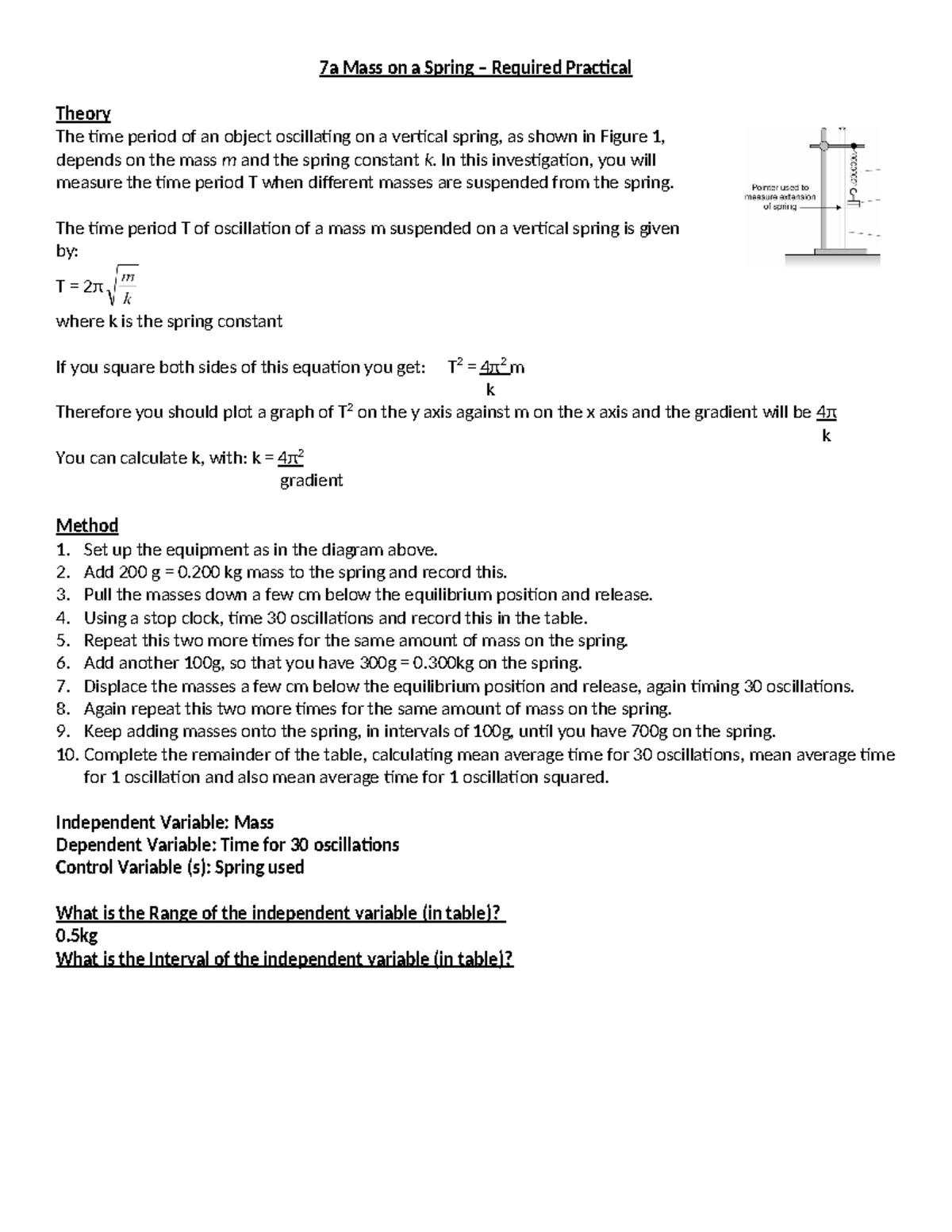 7a Mass on a Spring Practical Results - second part - 7a Mass on a ...