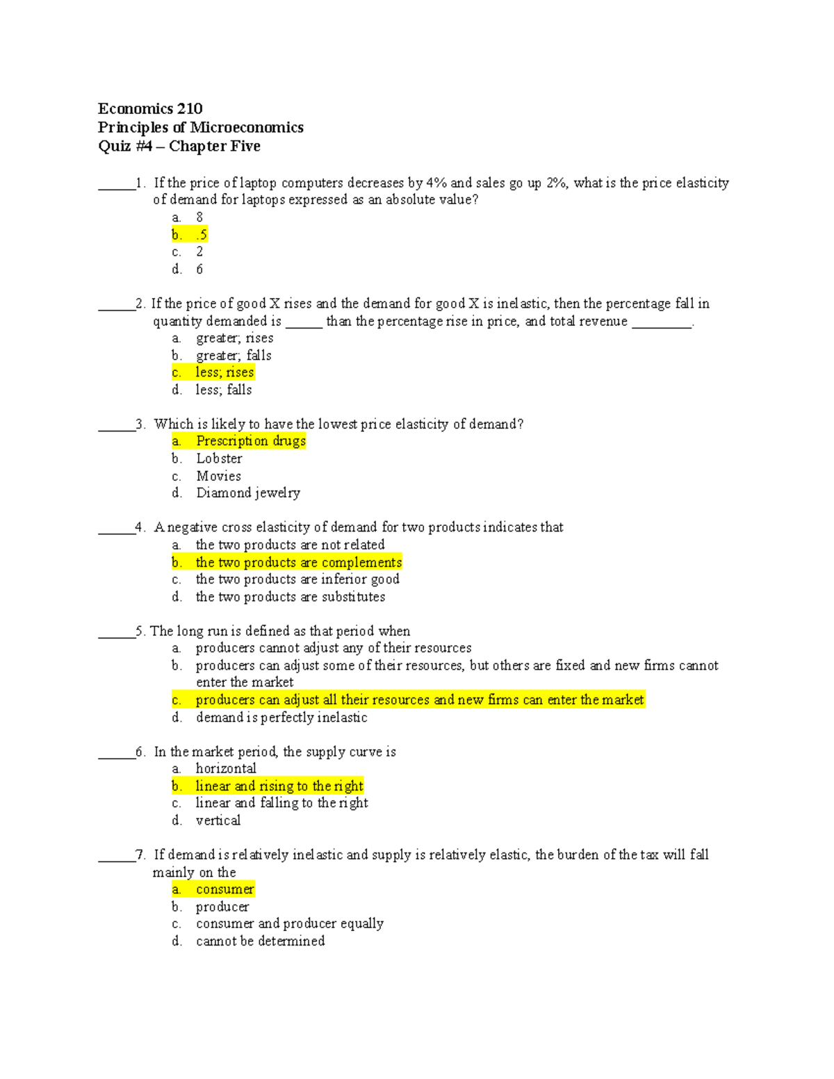 Quiz #4 - Chapter Five - Economics 210 Principles of Microeconomics ...