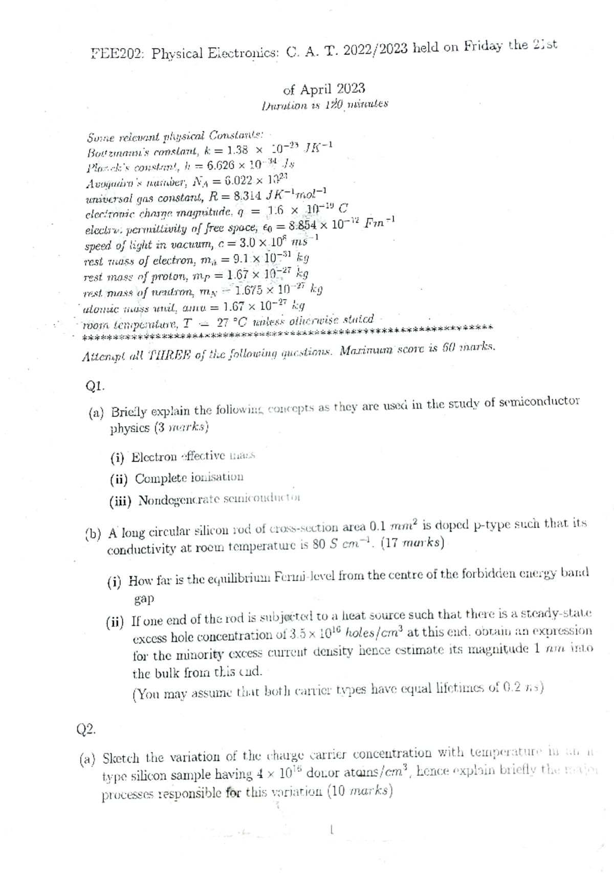 PE cat 23-24 - FEE202: Physical Electronics: C. A. T. 2022/ held on ...