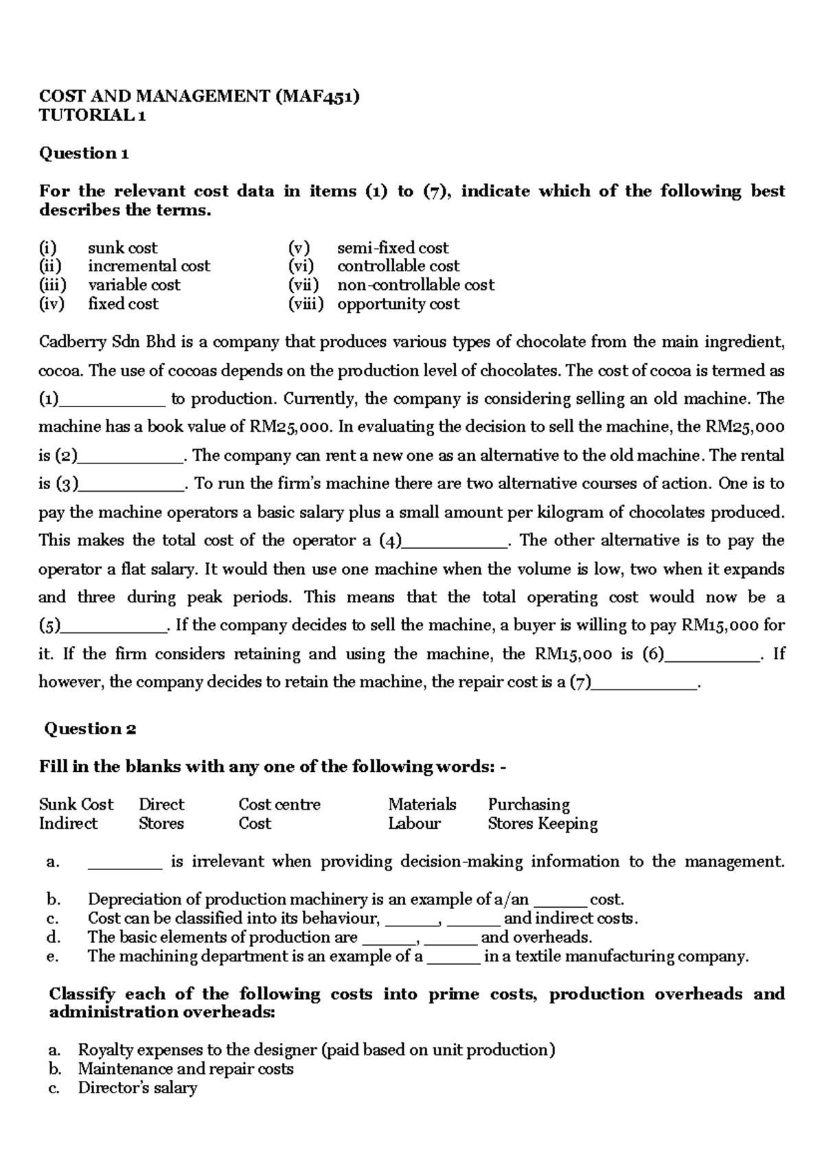 Tutorial 1 COST Concepts - COST AND MANAGEMENT (MAF451) TUTORIAL 1 ...
